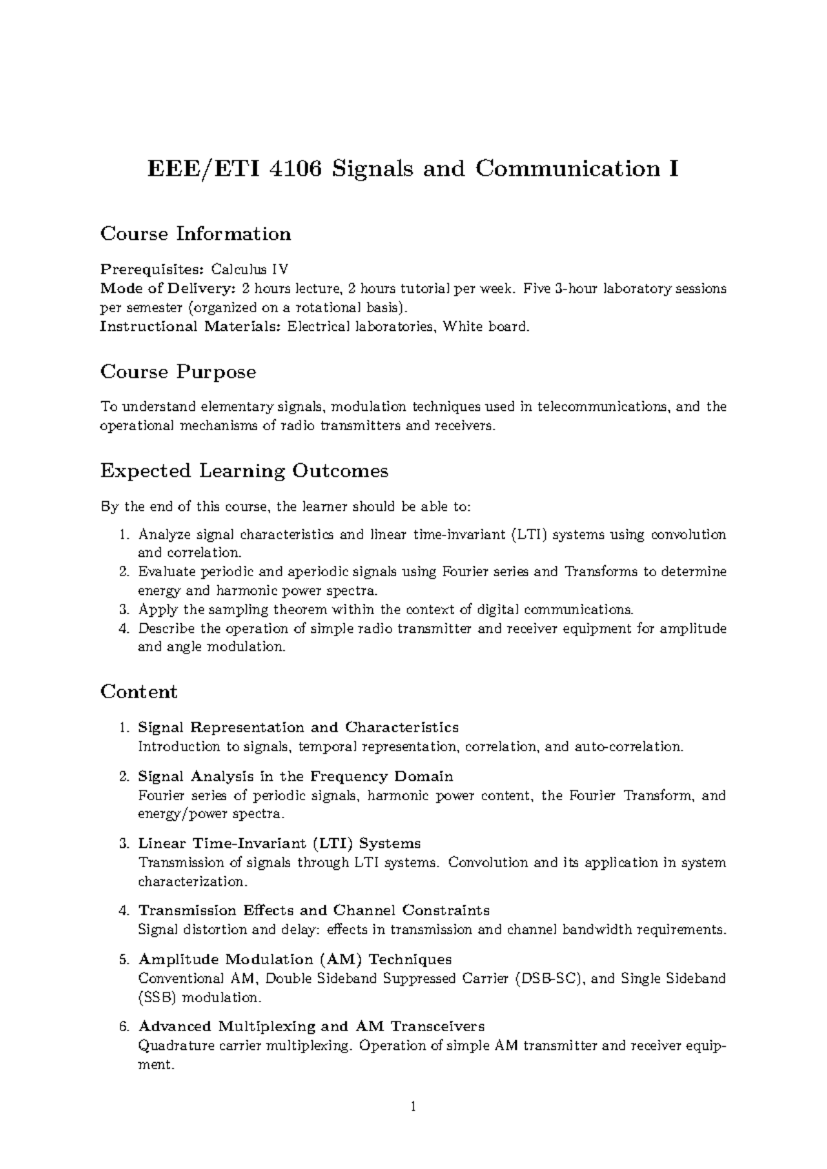 4106 Signals and Communication I: Course Overview and Key Concepts ...