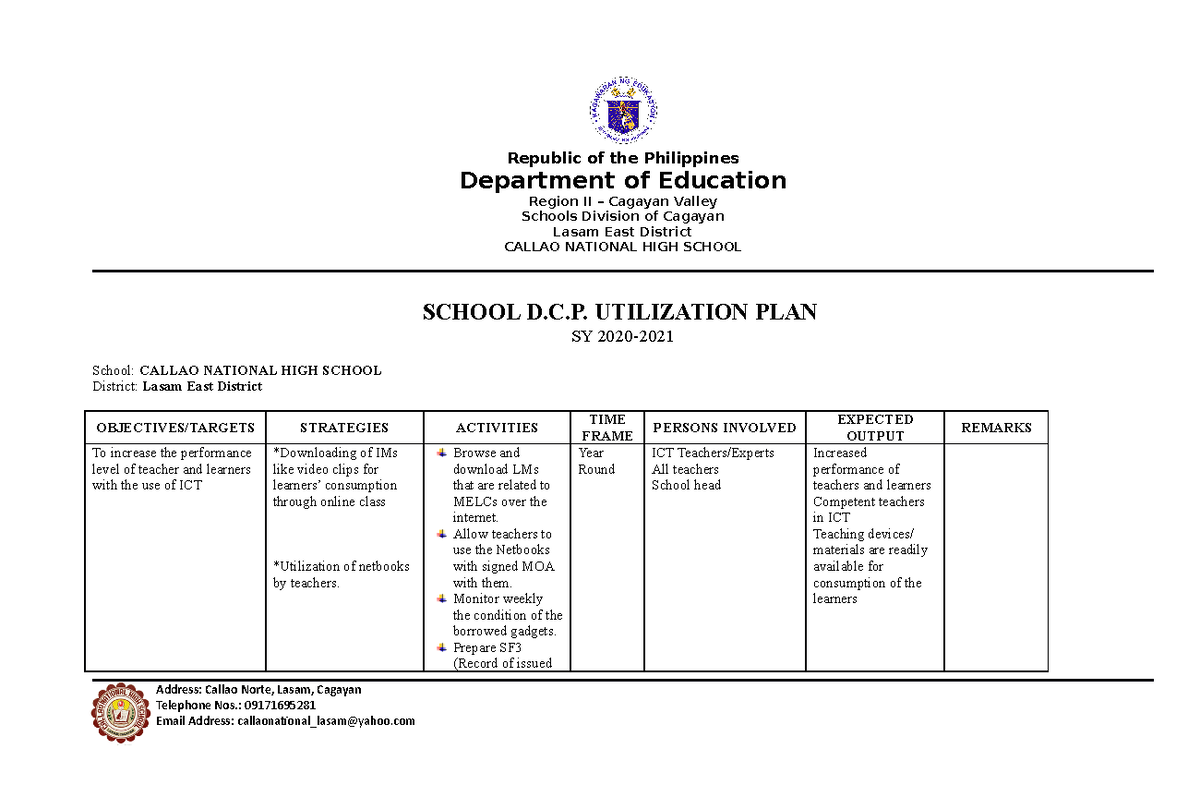 DCP Utilization Plan Final for SY 2020 - Callao National HS - Studocu