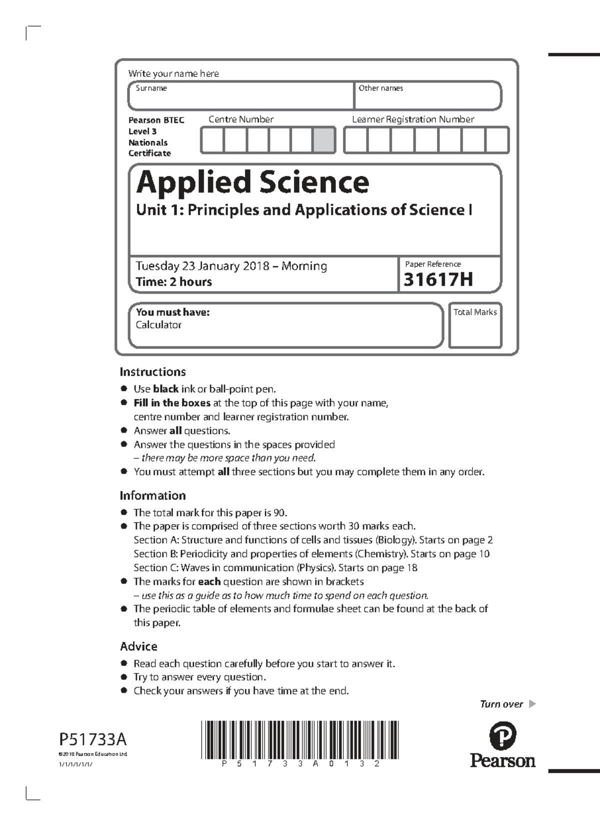 P51733 BTEC Level 3 Applied Science Unit 1 Exam Paper - Jan 2018 - Studocu