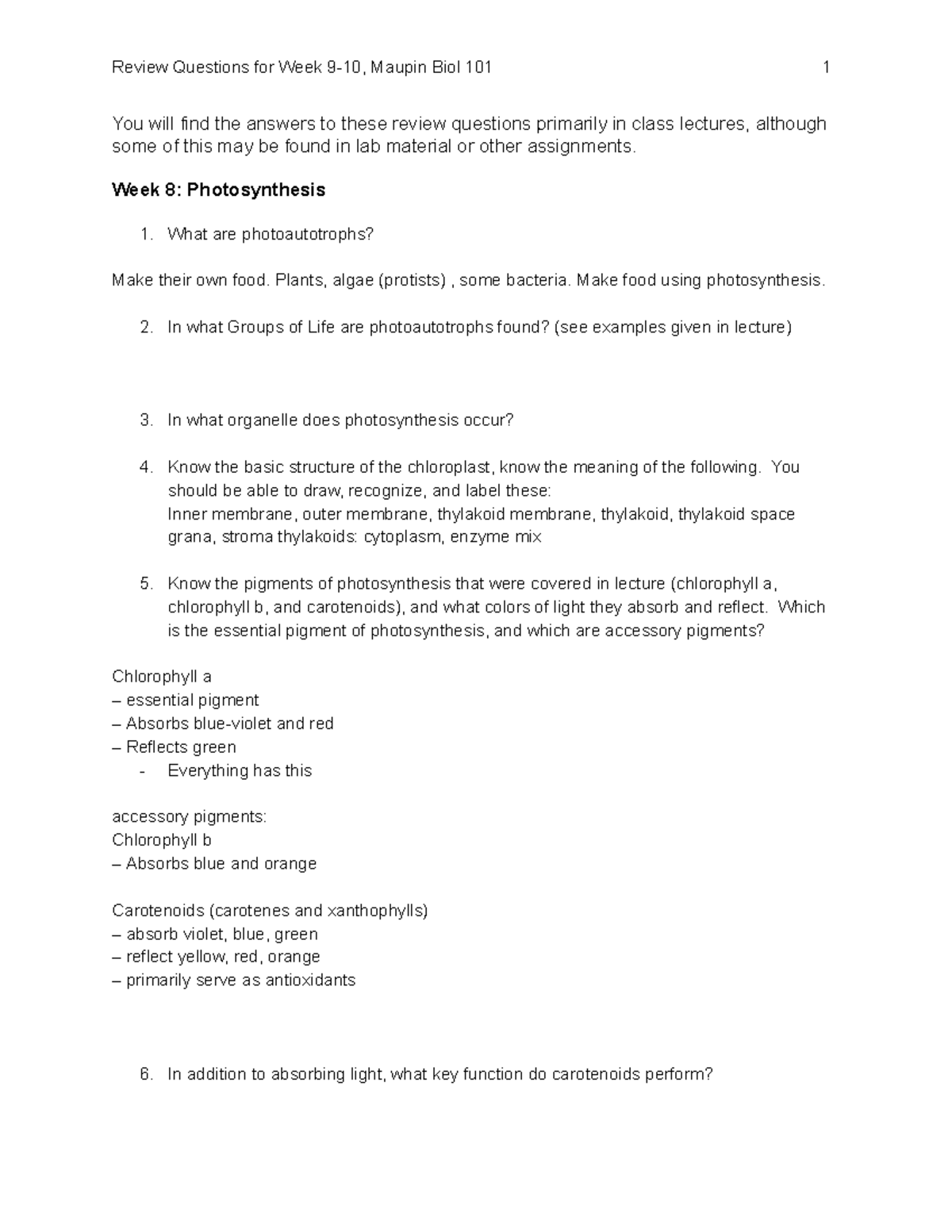 Review Questions for Week 9-10, Maupin Biol 101 - Studocu