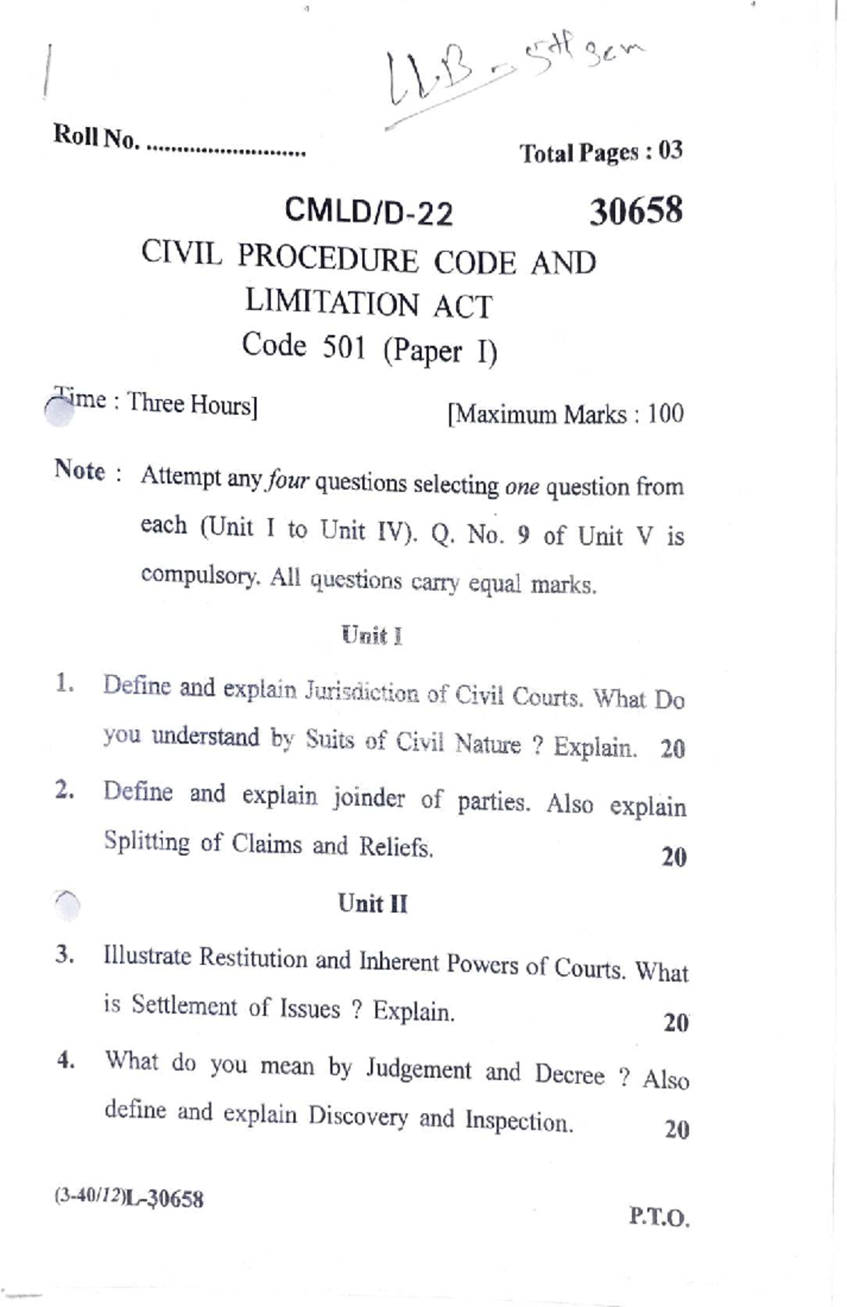 CIVIL PROCEDURE CODE & LIMITATION ACT - 30658 Question Paper 5th Sem ...
