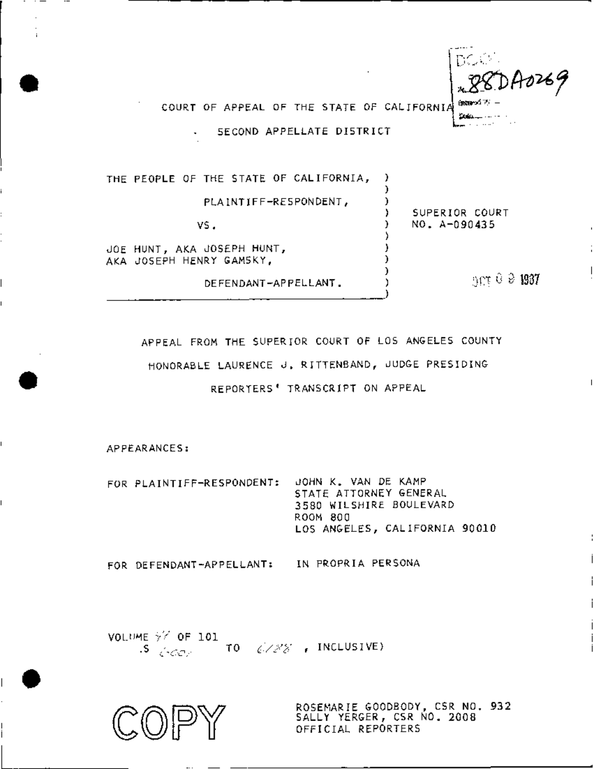 Reporters' Transcript of Appeal: The People vs. Joseph Hunt (CA No. A ...