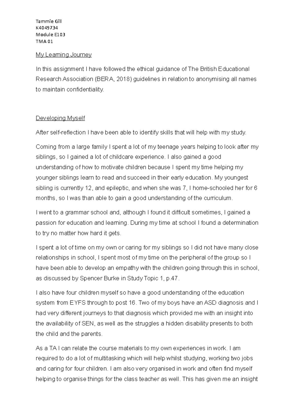 E103 TMA 01 - My Learning Journey and Support Roles Analysis - Studocu
