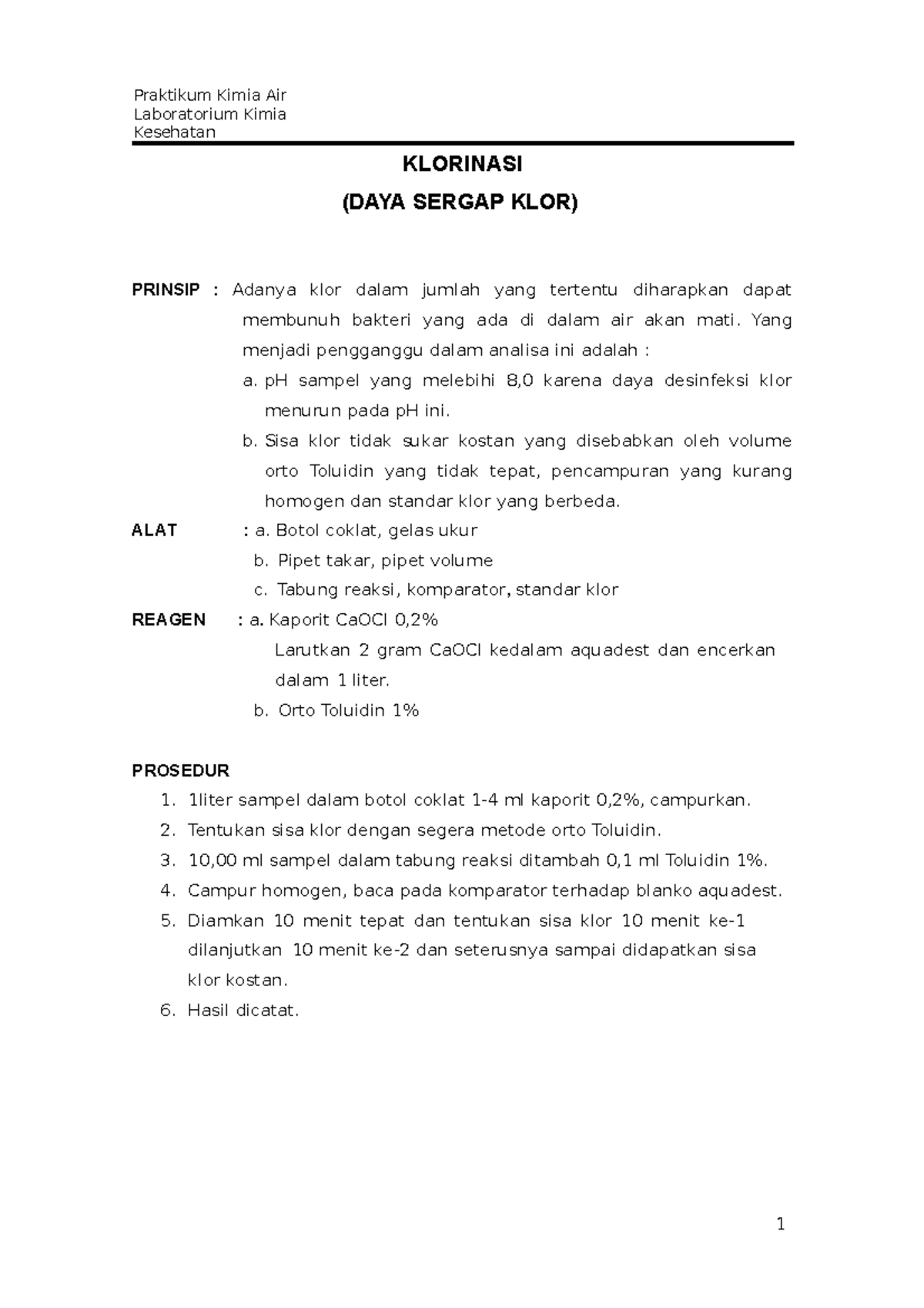 Modul Praktikum Kimia Air 3: Klorinasi dan Daya Sergap Klor - Studocu