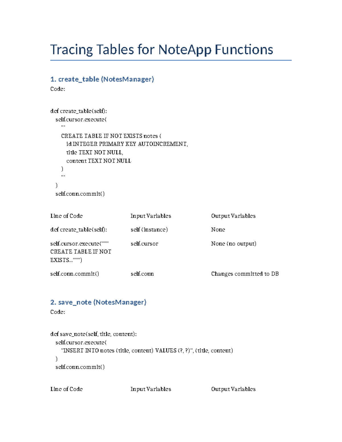 Tracing tables for noteapp - Tracing Tables for NoteApp Functions 1 ...