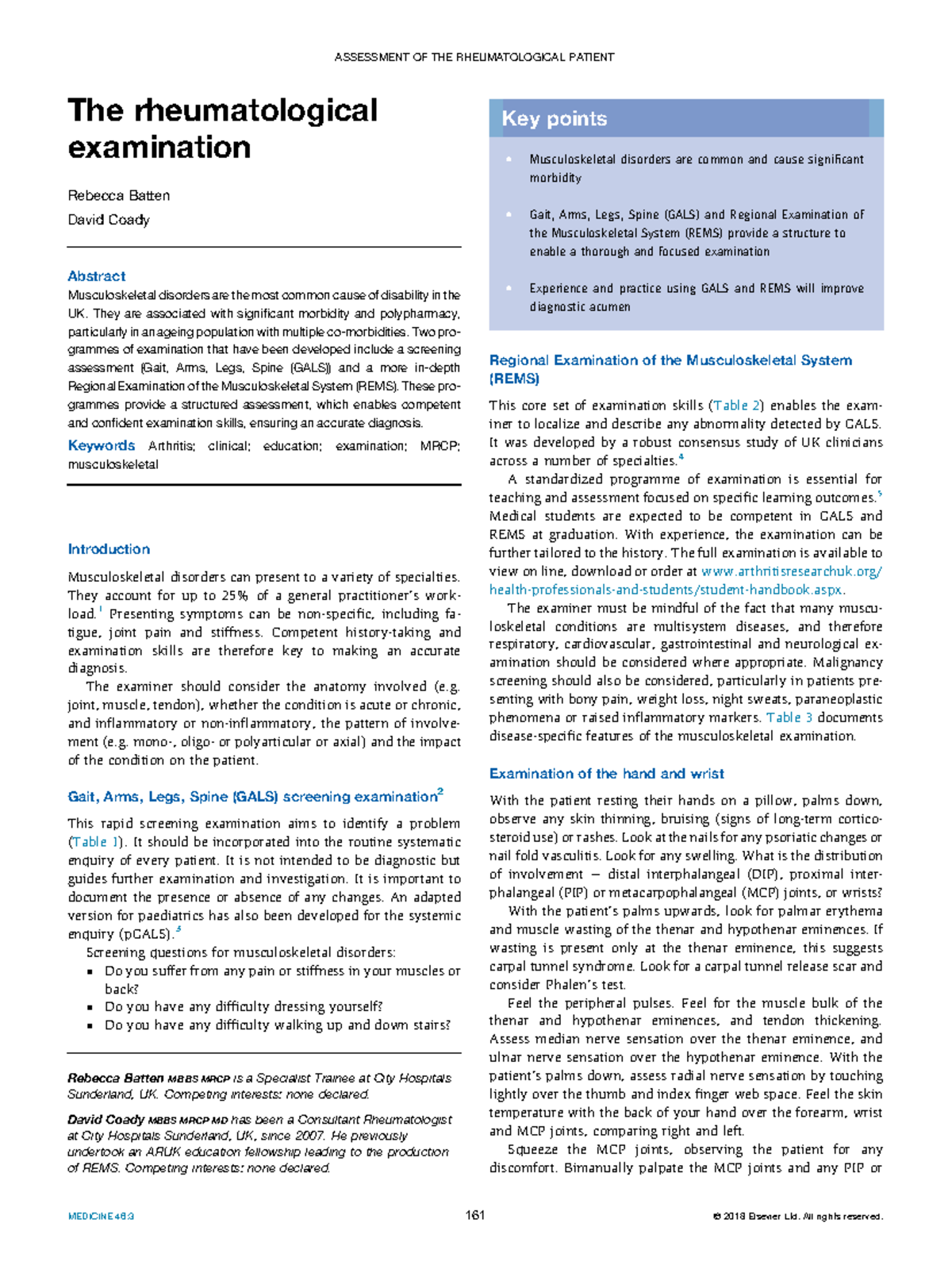 ASSESSMENT OF RHEUMATOLOGICAL PATIENTS: GALS & REMS Overview - Studocu
