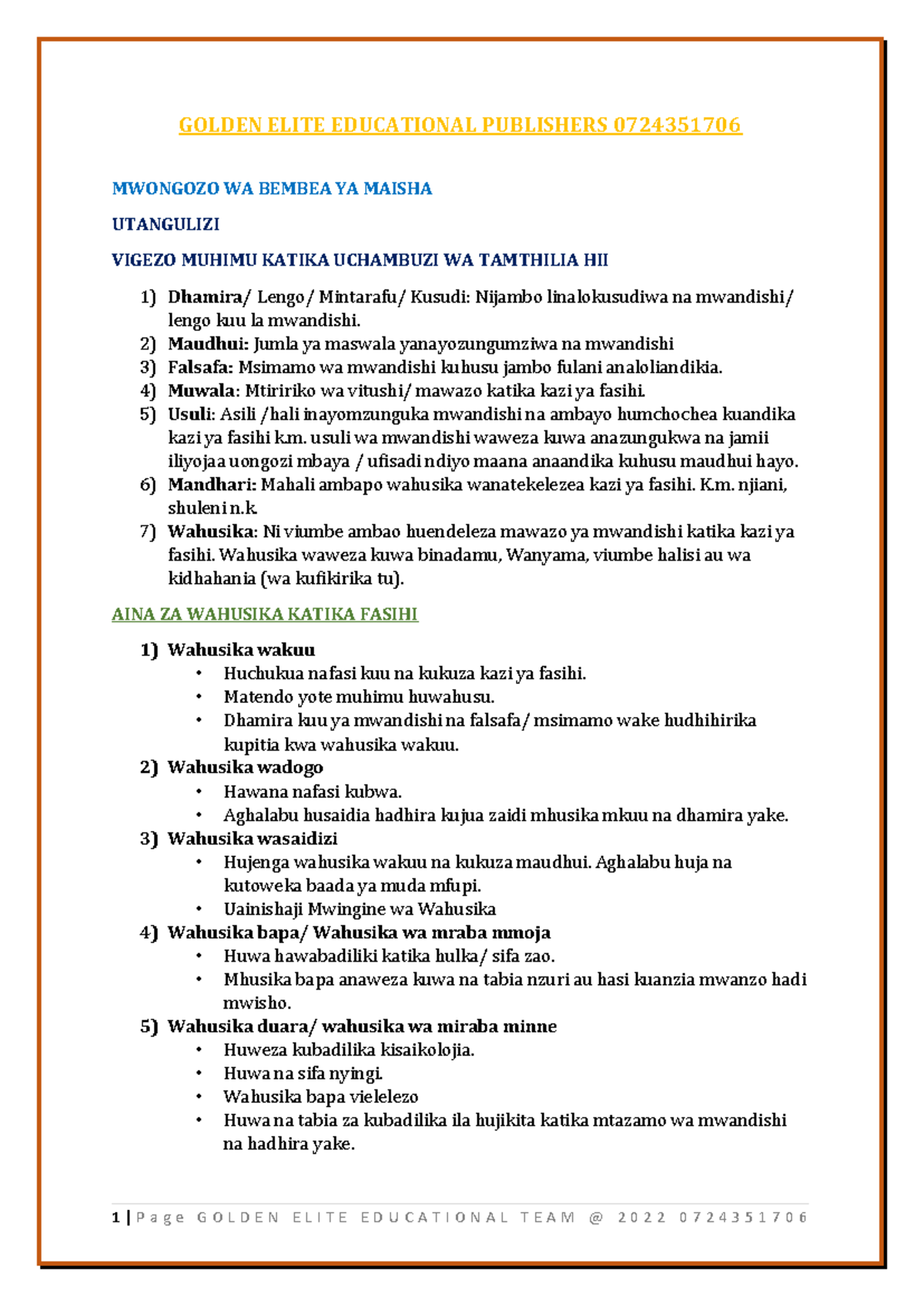 Mwongozo wa Uchambuzi wa Tamthilia: Bembea ya Maisha 0724351706 - Studocu