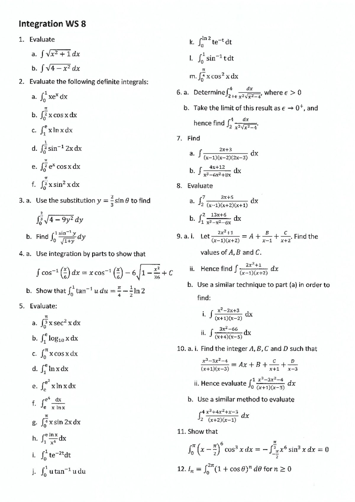 Integration 4U WS8 - Definite Integrals Practice - Studocu
