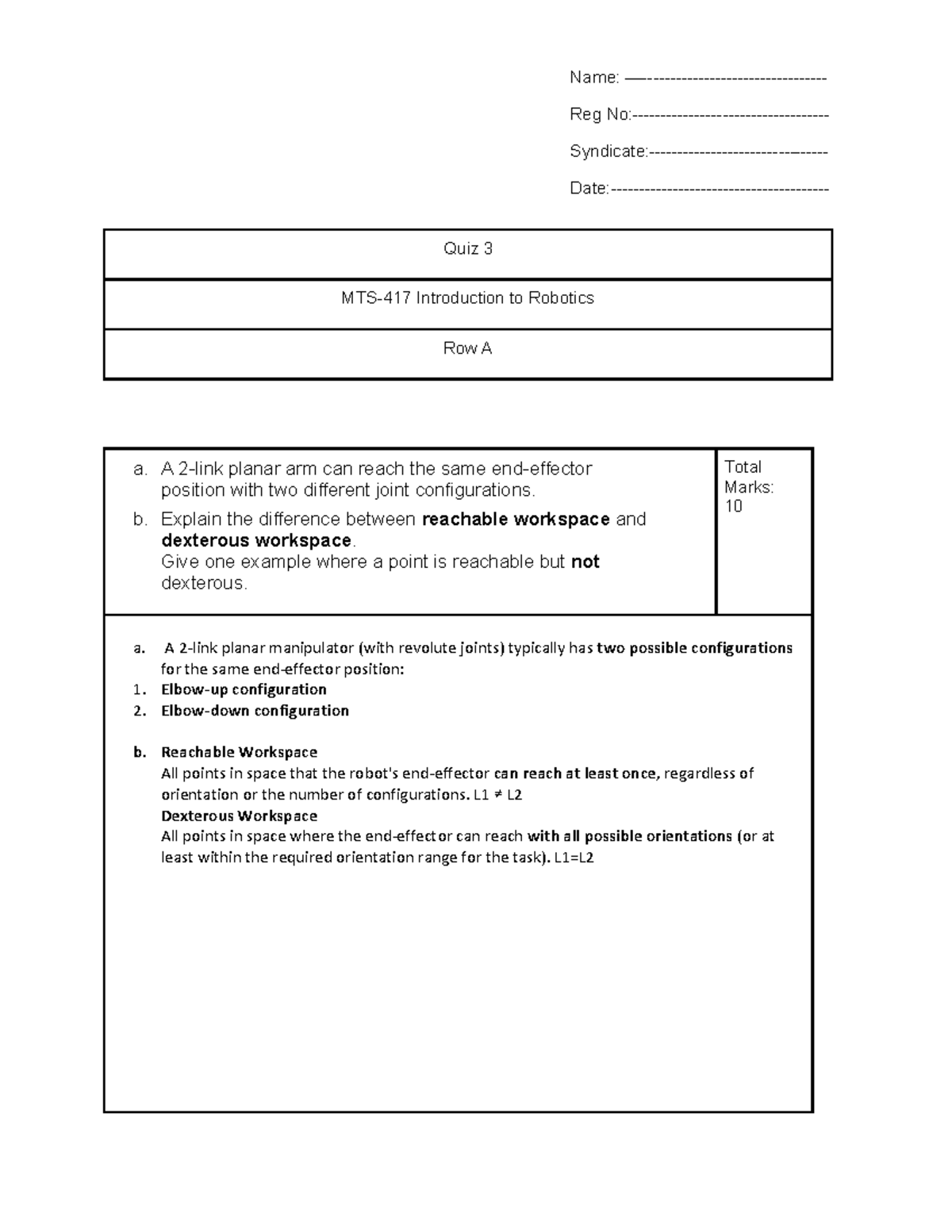 Quiz 3 Solution - Introduction to Robotics (Course Code: 3) - Studocu