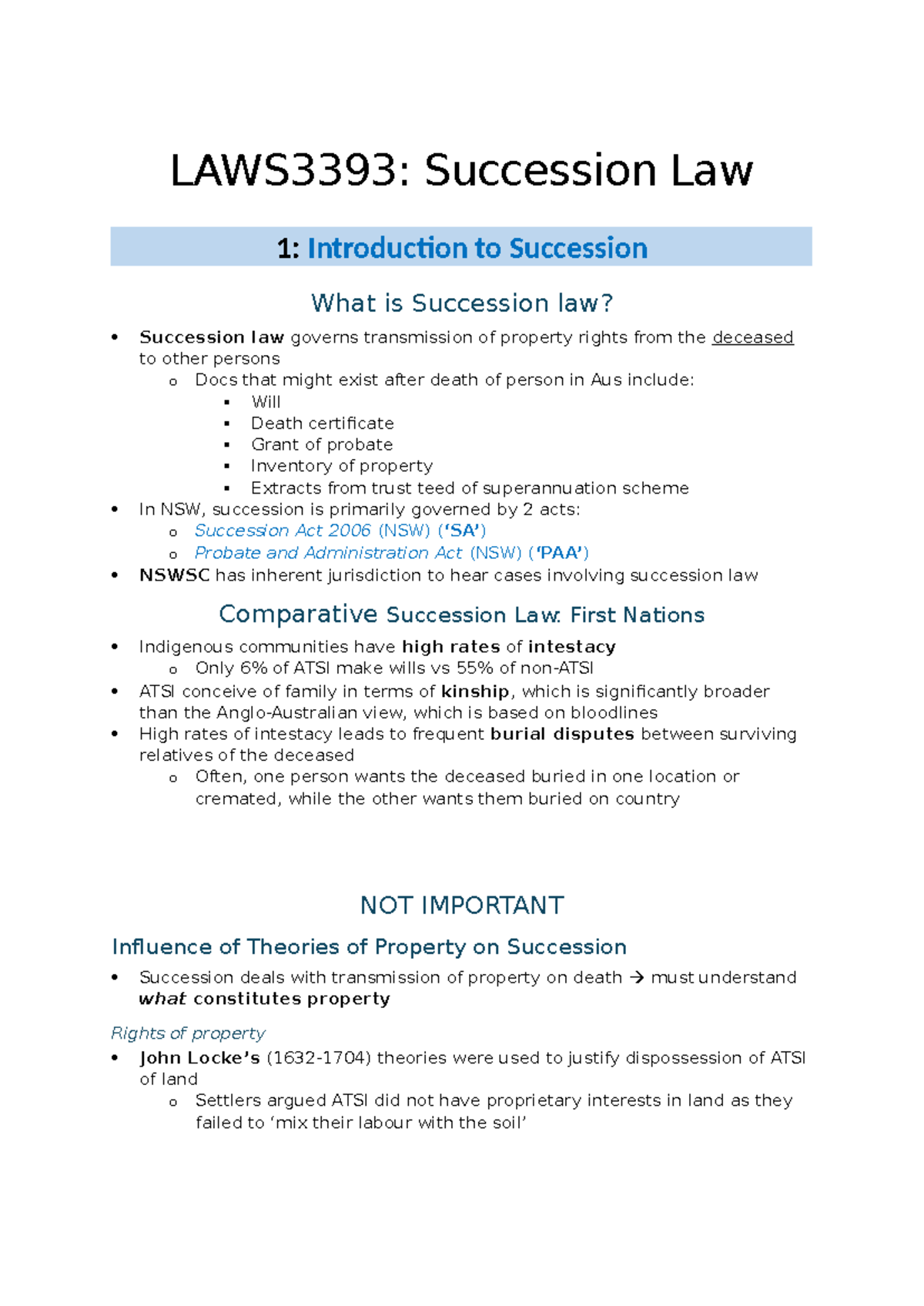 LAWS3393: Succession Law 1 - Overview and Key Concepts - Studocu