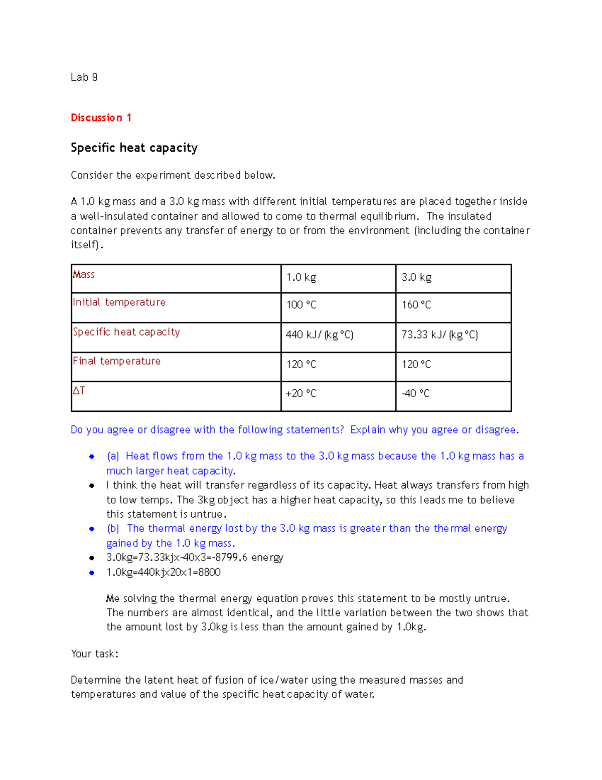 Physics Lab 9 Report: Specific Heat Capacity and Latent Heat Analysis ...