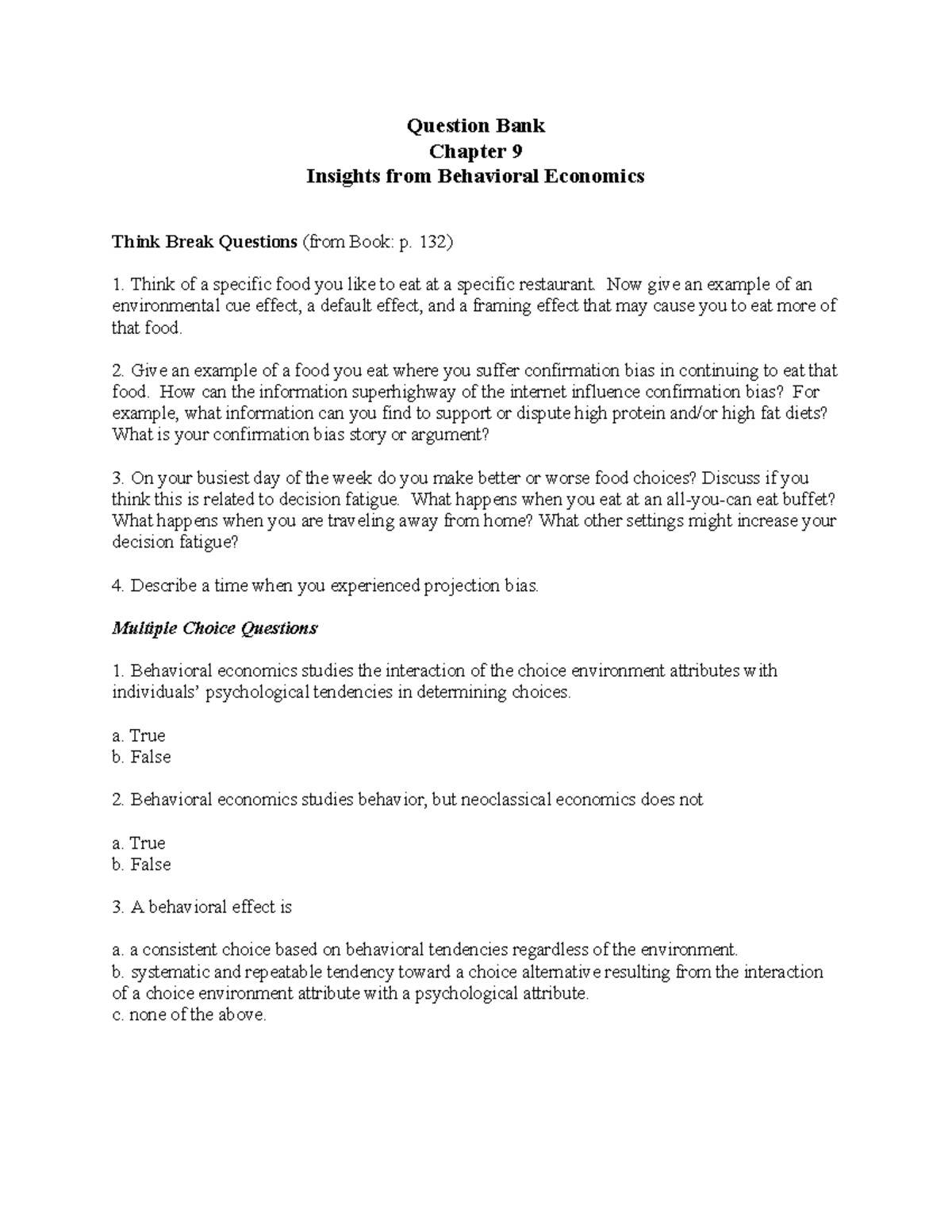 Chapter 9 Insights: Behavioral Economics & Food Choices (BEH 101) - Studocu