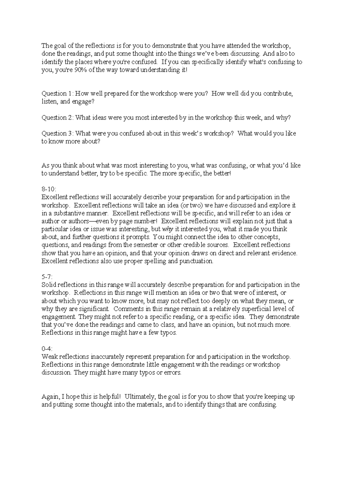 Reflection marking guide for workshop participation and engagement ...