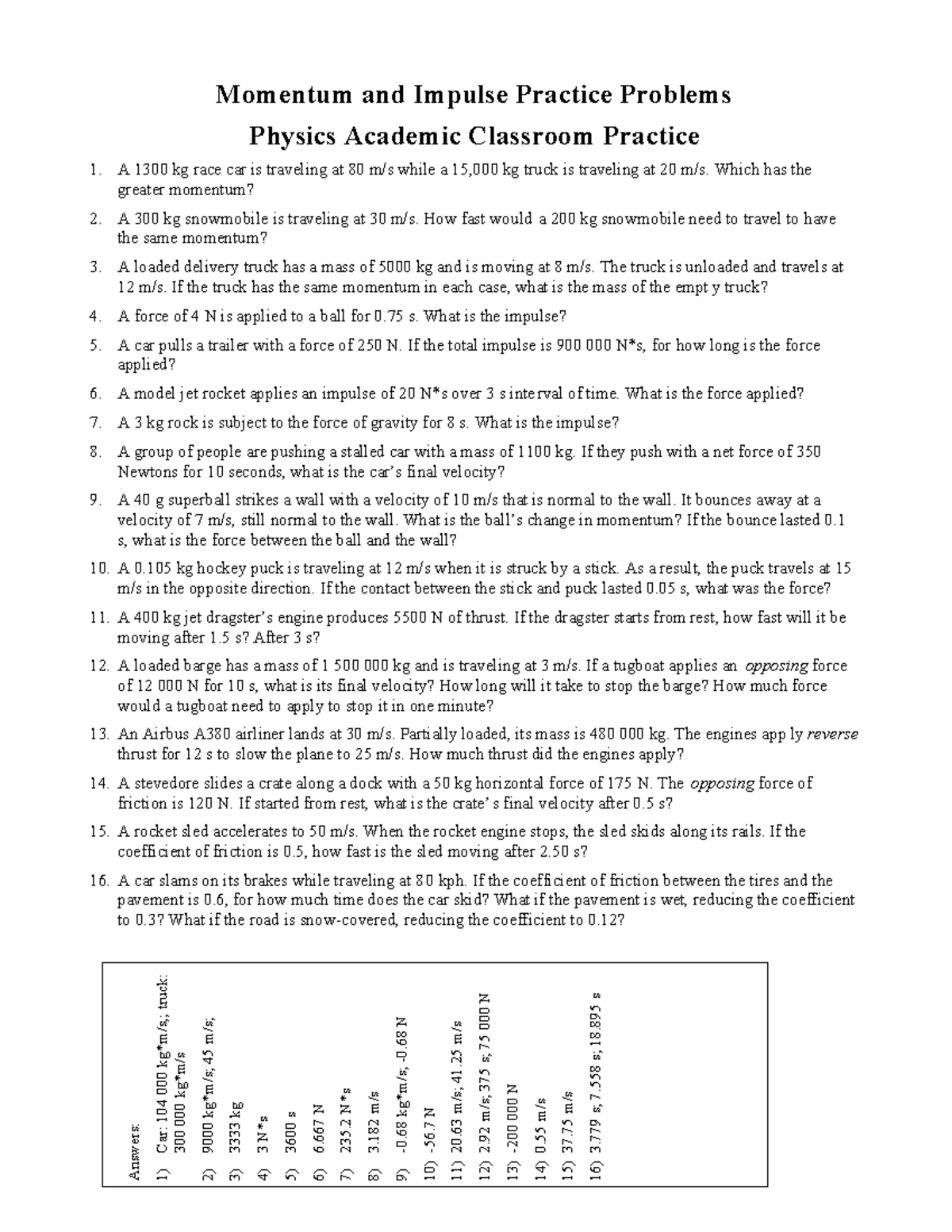 Momentum and Impulse Practice Problems PHYS 101 Worksheet - Studocu