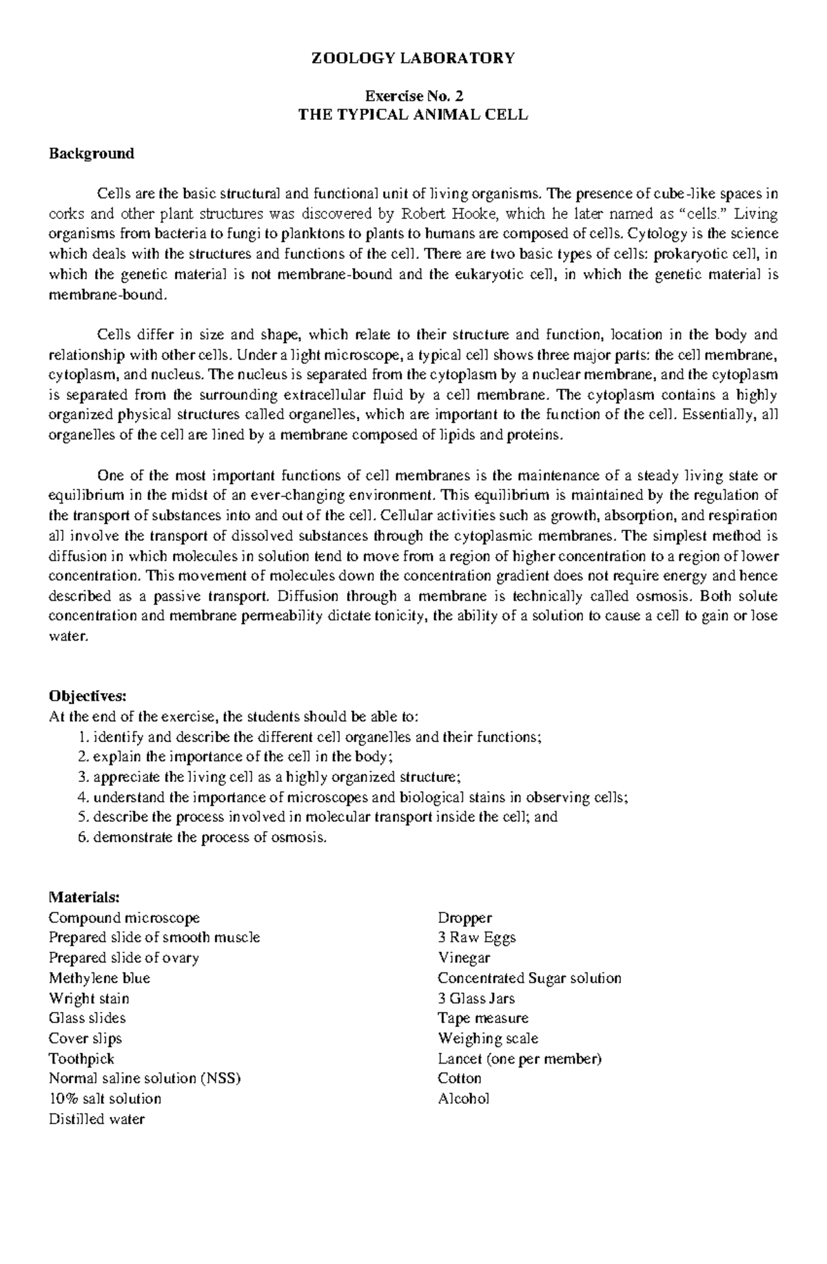 Zoology Exercise 2 Cell (with blood smear) - ZOOLOGY LABORATORY ...