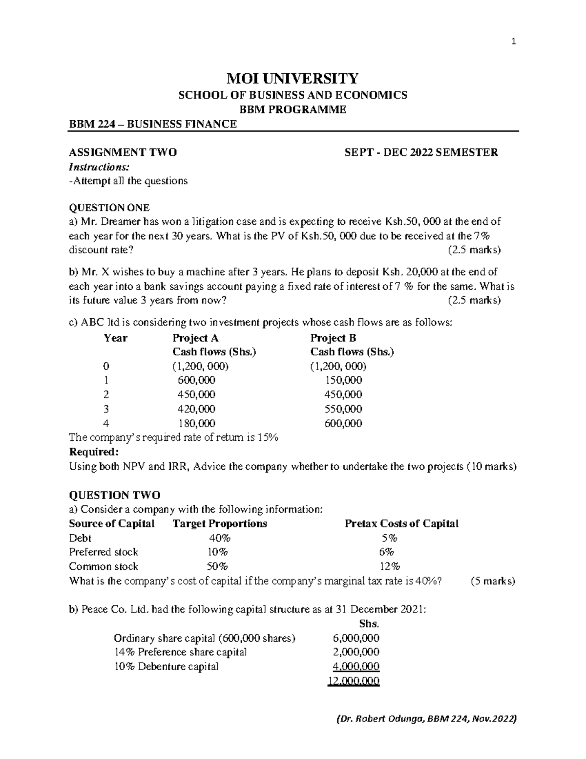 BBM 224 Assignment 2: Business Finance Concepts & Problem-Solving - Studocu