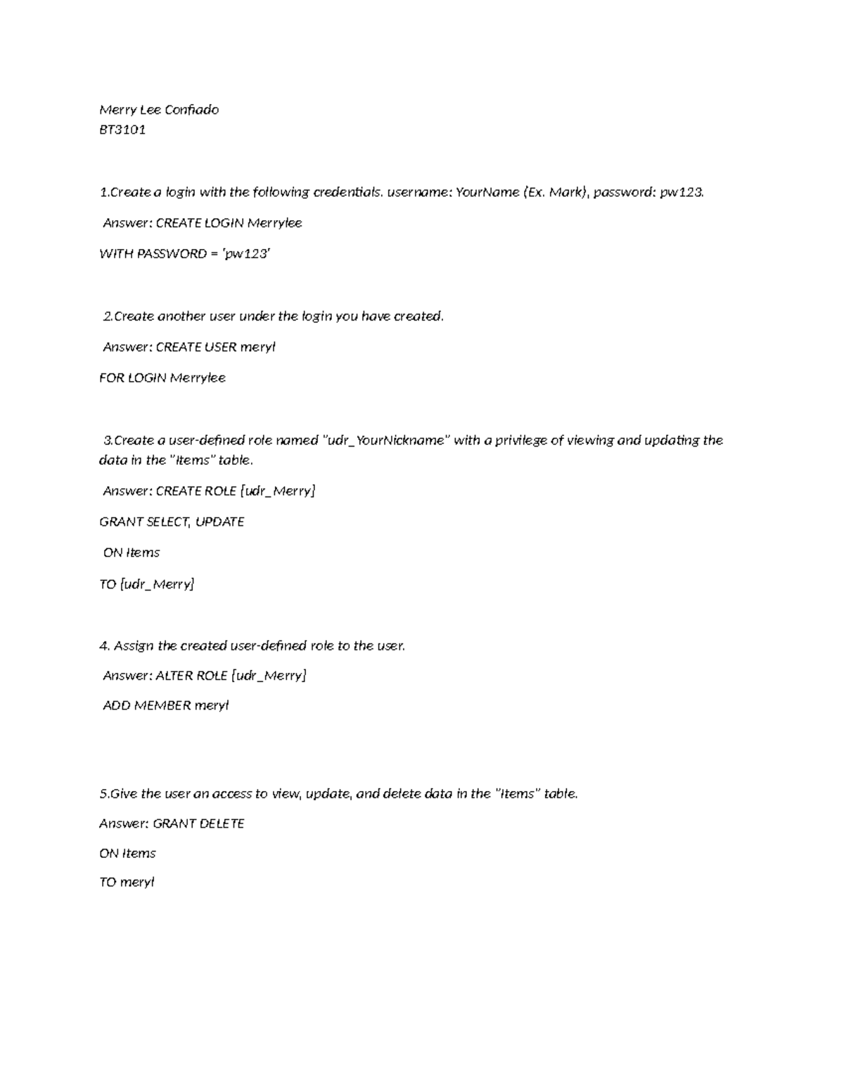 05 Practice Exercise 1 - SQL User Management & Roles - Studocu