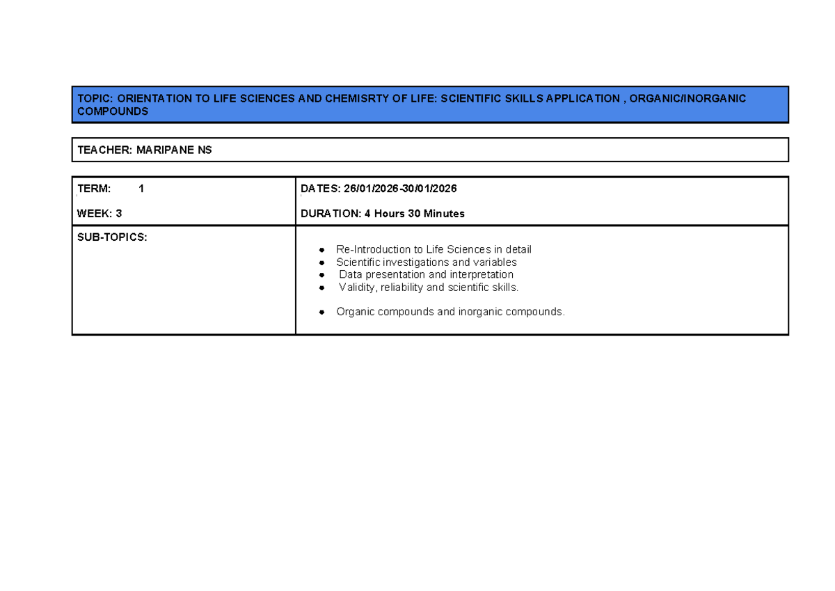 Grade 10 Life Sciences Lesson Plan: Scientific Skills & Data ...