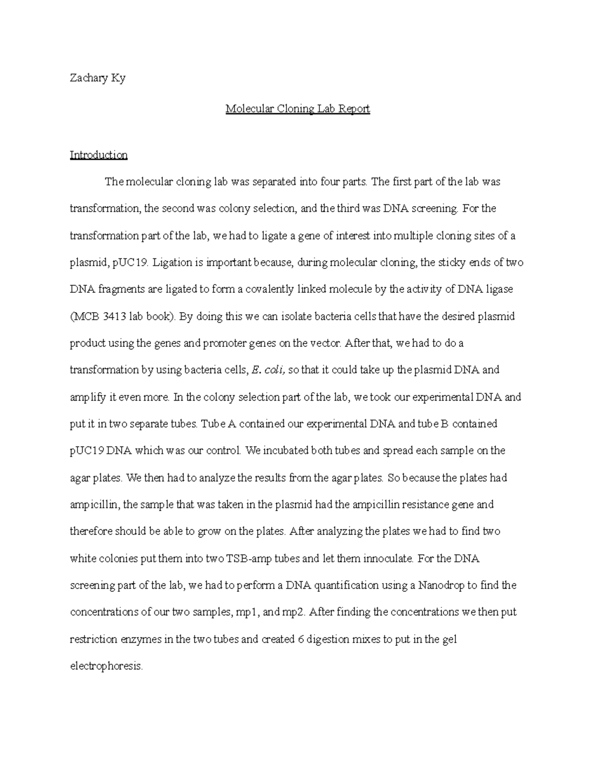 Molecular Cloning Lab Report (MCB 3413) - Detailed Notes and Results ...