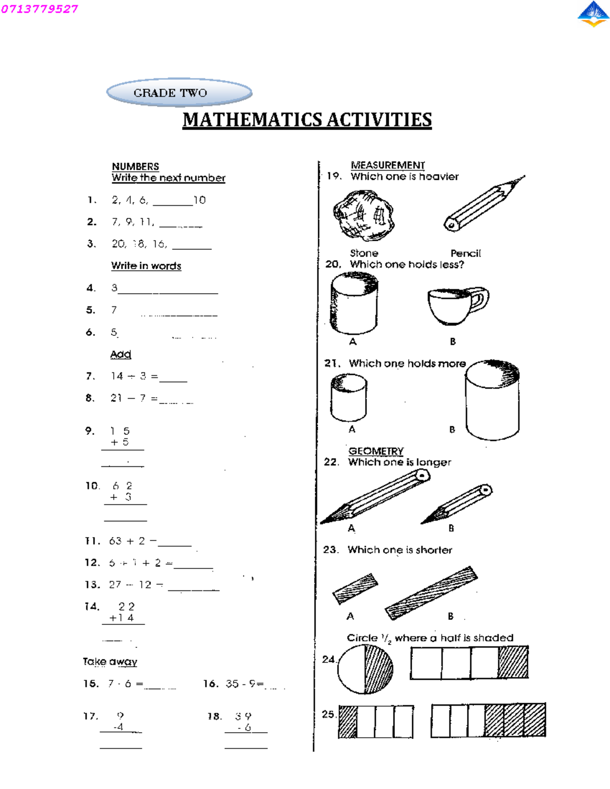 0713779527 GRADE TWO MATHEMATICS ACTIVITIES NOTES - Studocu
