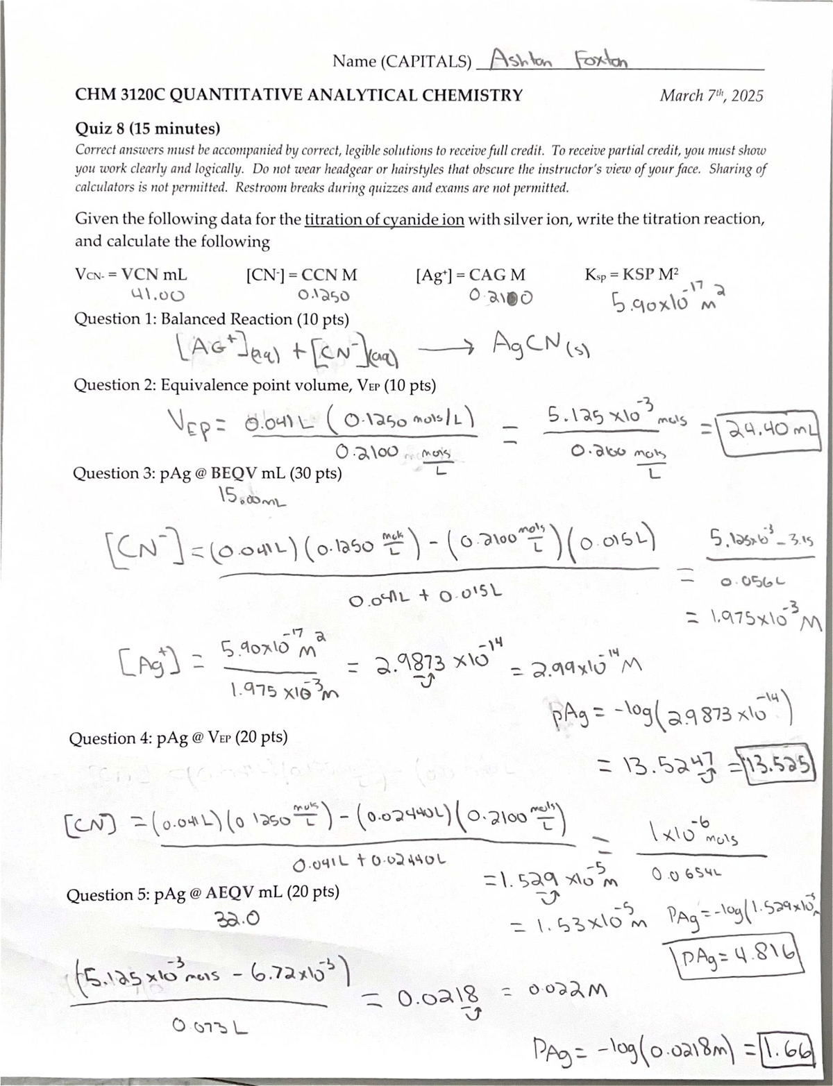 CHM 3120C Quantitative Analytical Chemistry Quiz 8 Solutions - Studocu