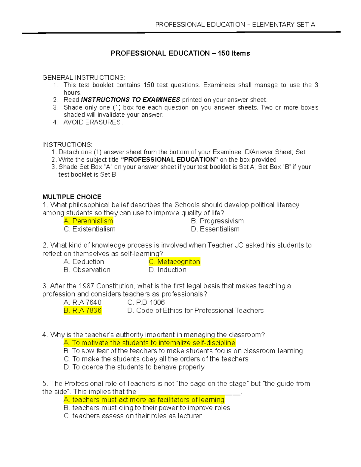 Professional Education – 150 Item Test Preparation Guide - Studocu