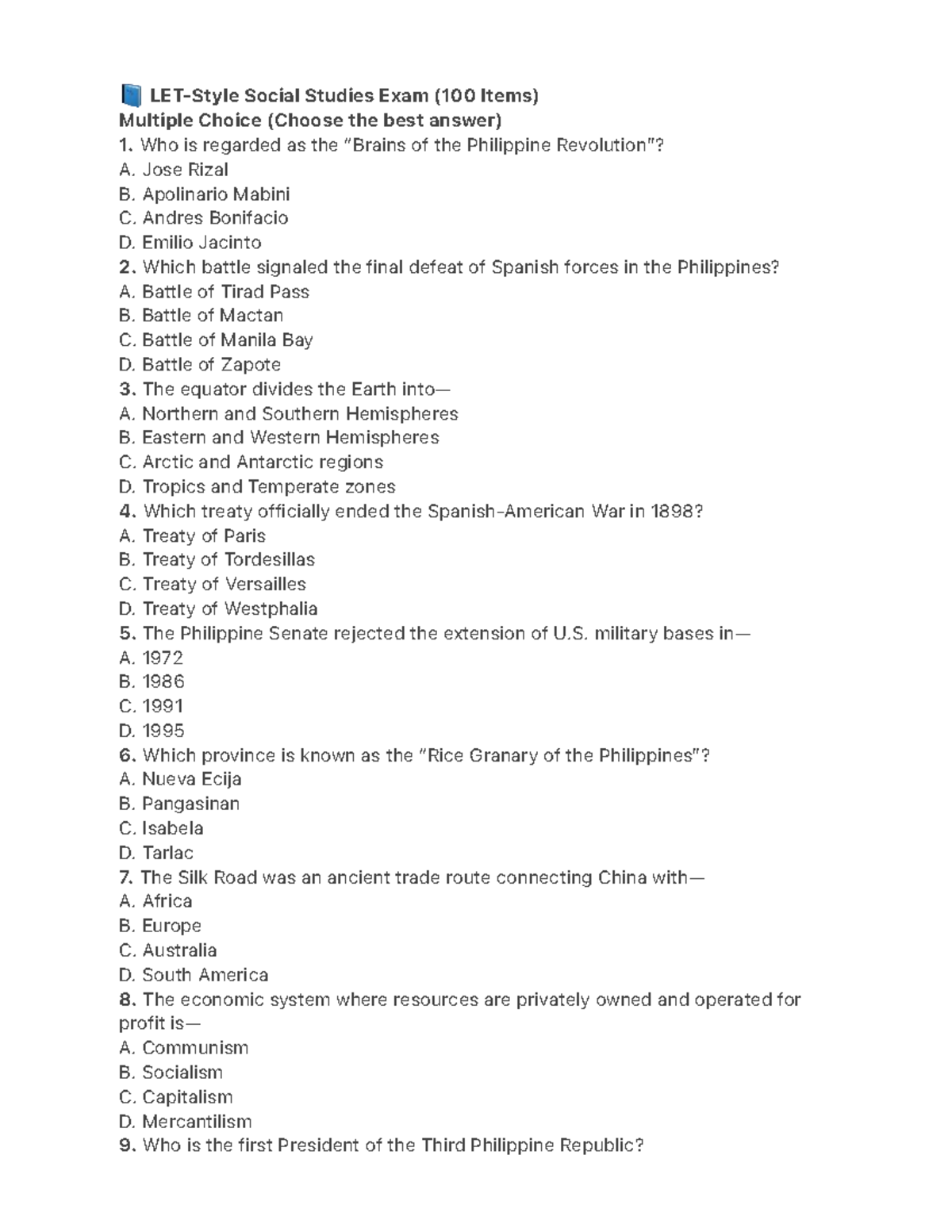LET-Style Social Studies Exam (100 Items) with Answer Key - Studocu