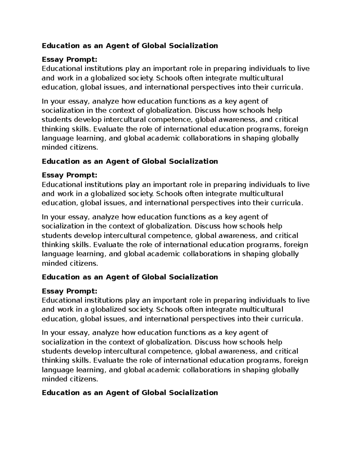 EDU 101: Education as a Key Agent of Global Socialization Essay - Studocu