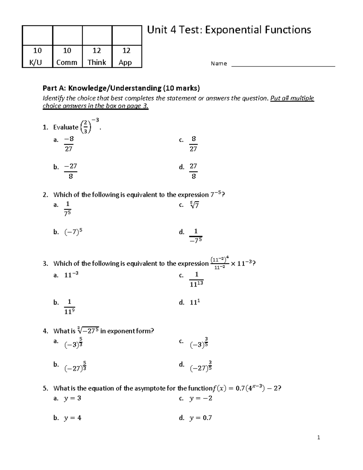 MCR3U - Unit 4 Test: Understanding Exponential Functions - Studocu