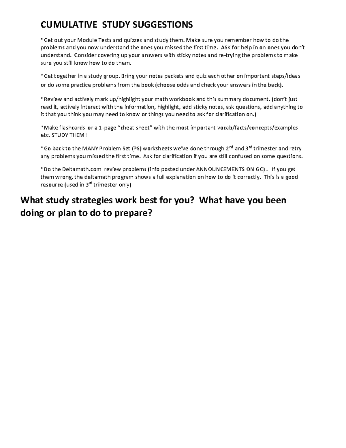 Cumulative Study Suggestions for Math Modules - Studocu
