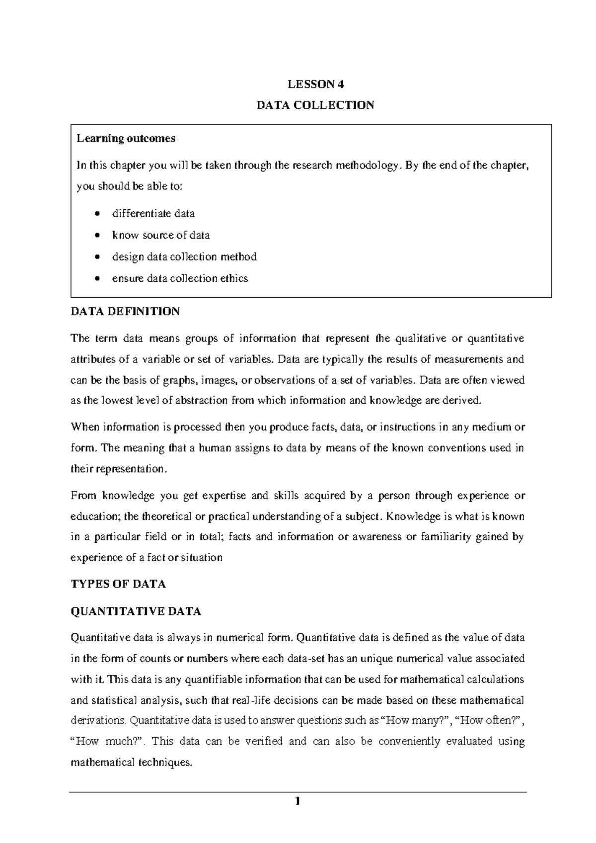 Lesson 4 (Class) - Data Collection Methods and Ethics Summary - Studocu