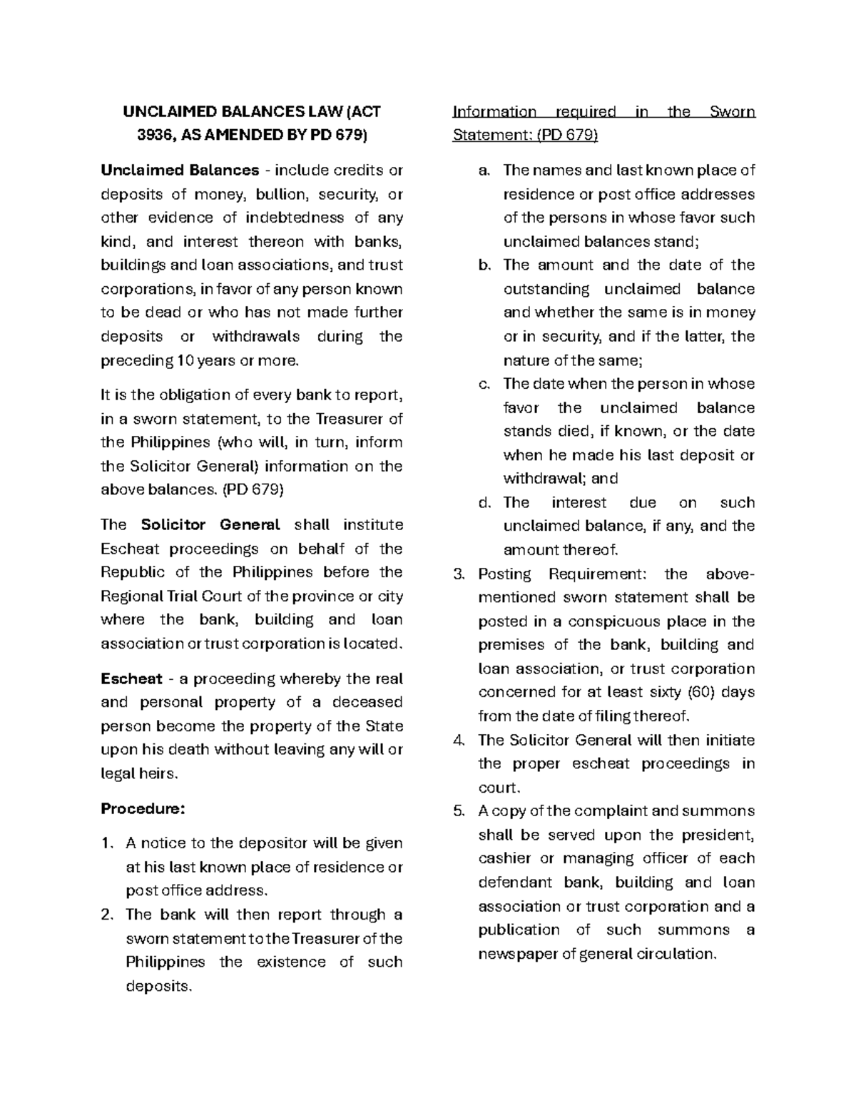 Unclaimed Balances Law (Act 3936, PD 679) Overview and Procedures - Studocu