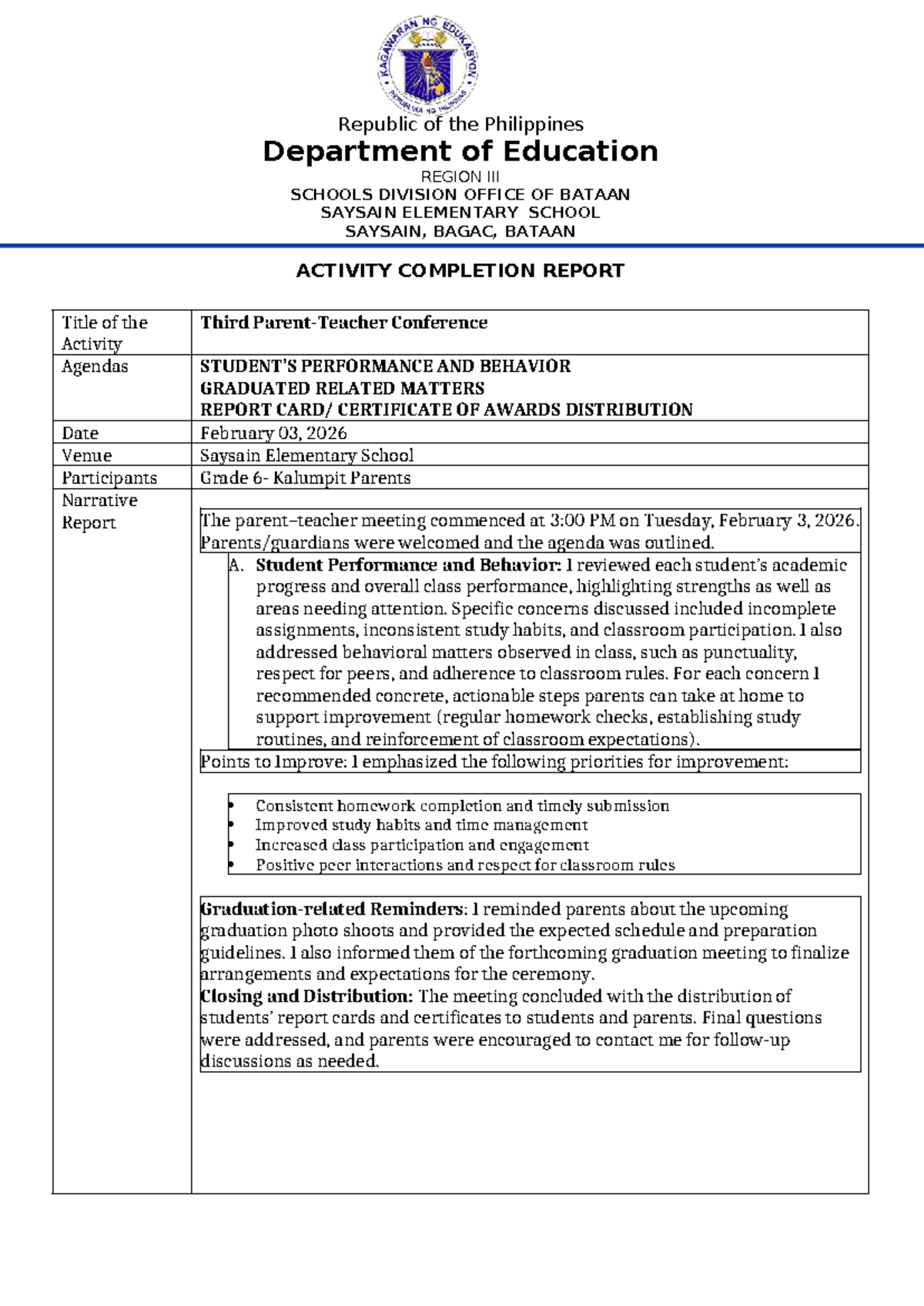 ACR - Performance & Behavior Report for Parents Meeting at SES - Studocu