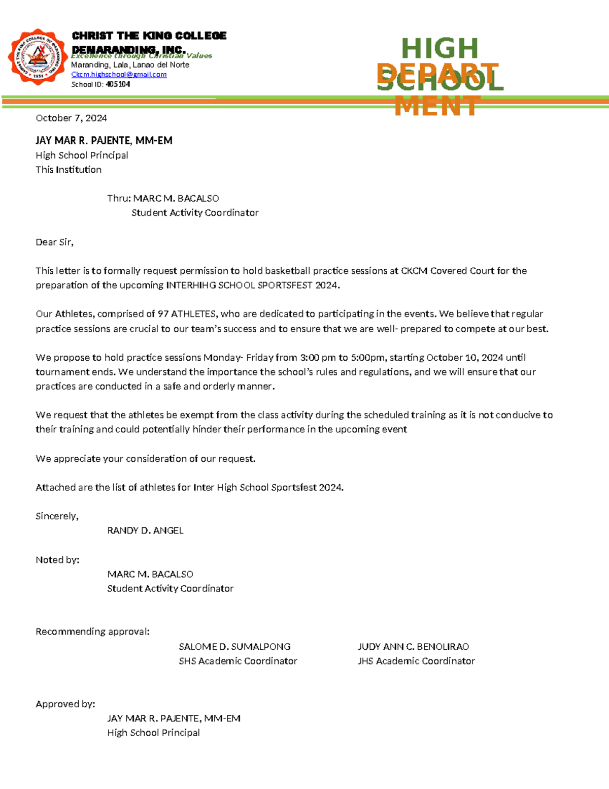 Request letter Interhigh - Excellence through Christian Values CHRIST ...