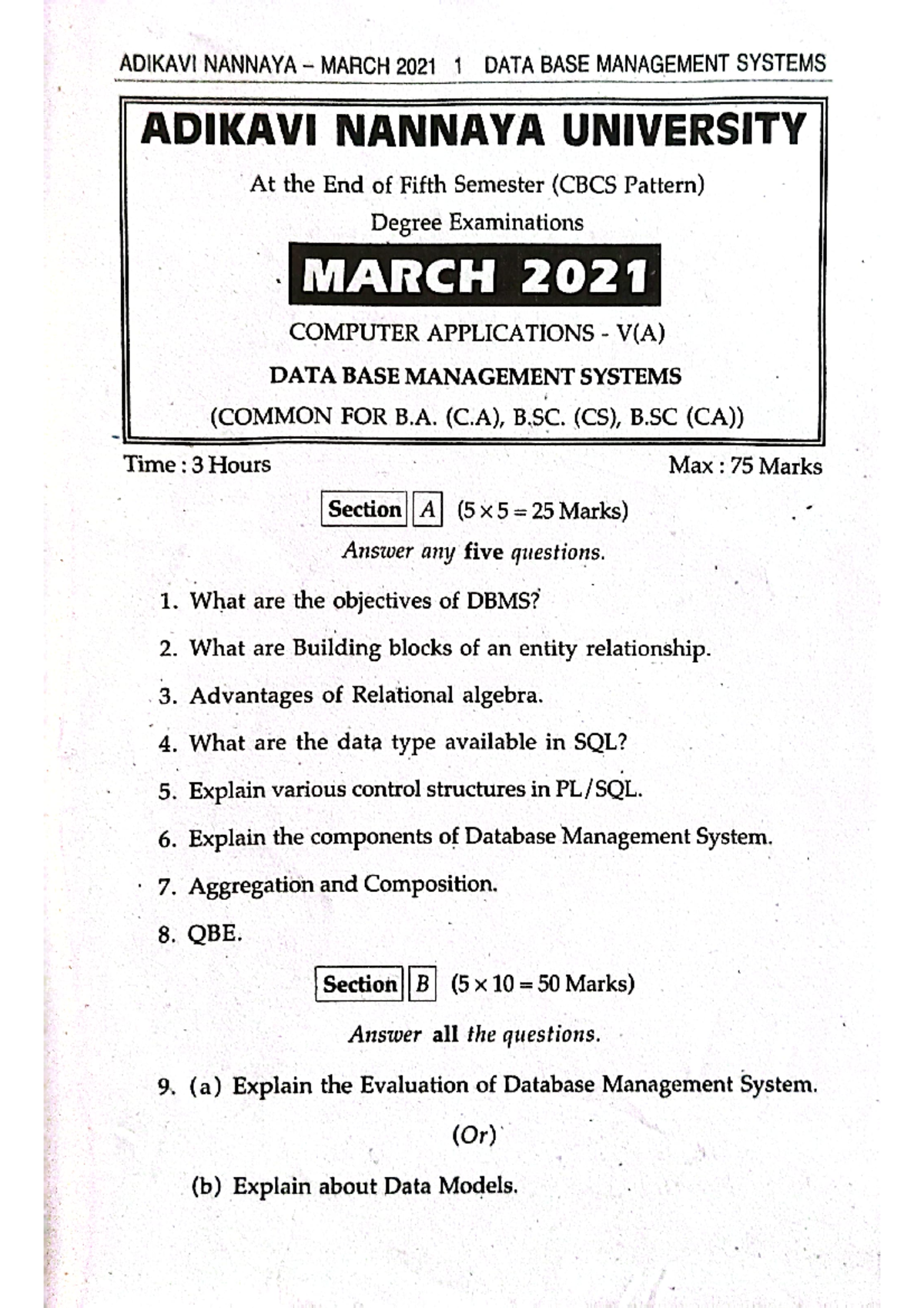 DBMS PYQs - Question Papers from Adikavi Nannaya University - Studocu