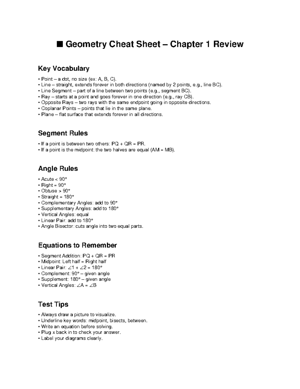 Geometry Cheat Sheet: Chapter 1 Key Terms & Tips - Studocu