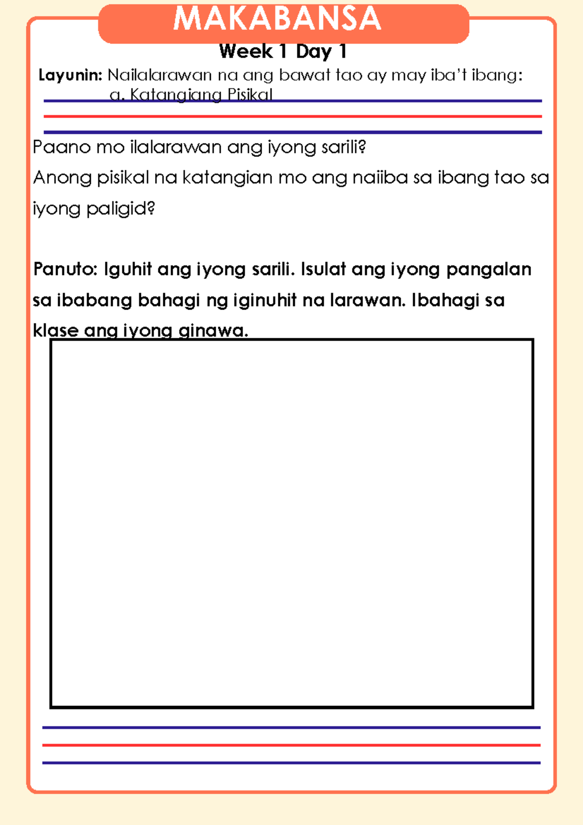 Makabansa Worksheet: Week 1 Activities on Physical Traits and Needs ...