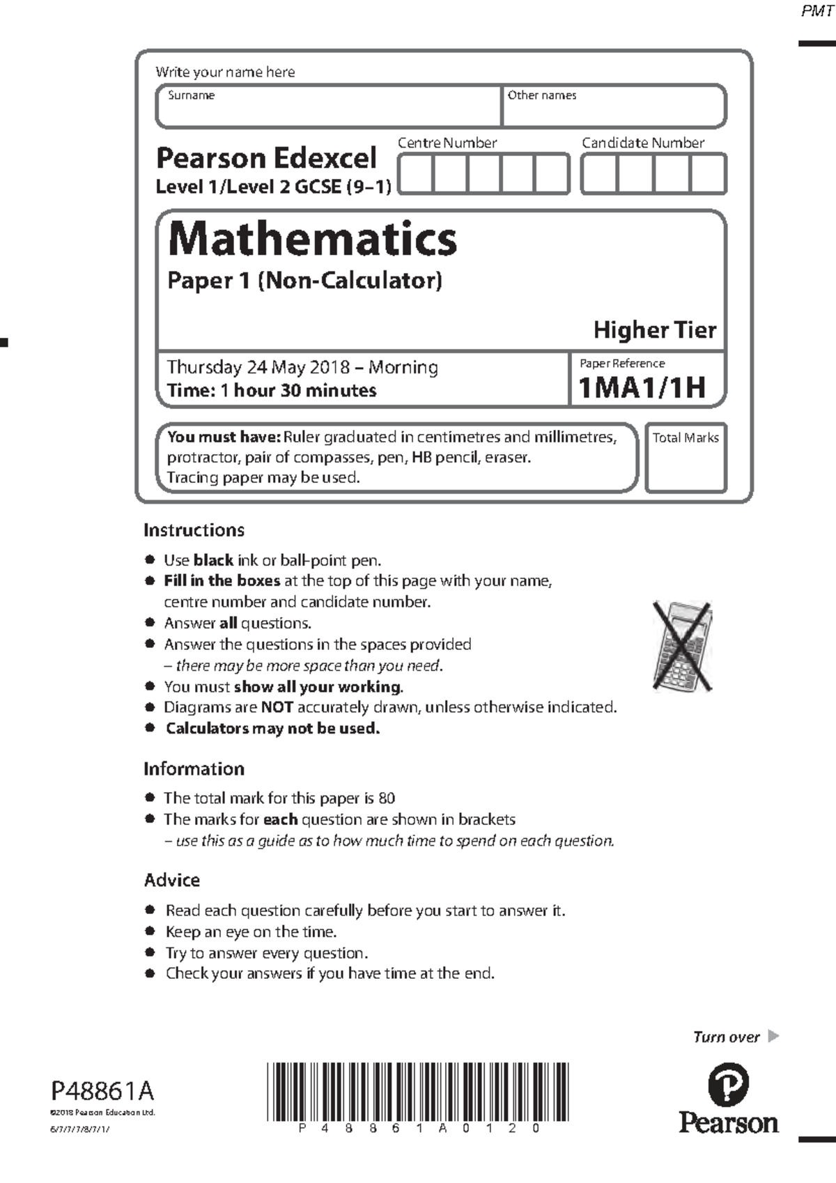 June 2018 GCSE Mathematics Paper 1 Higher Tier - Exam Questions - Studocu