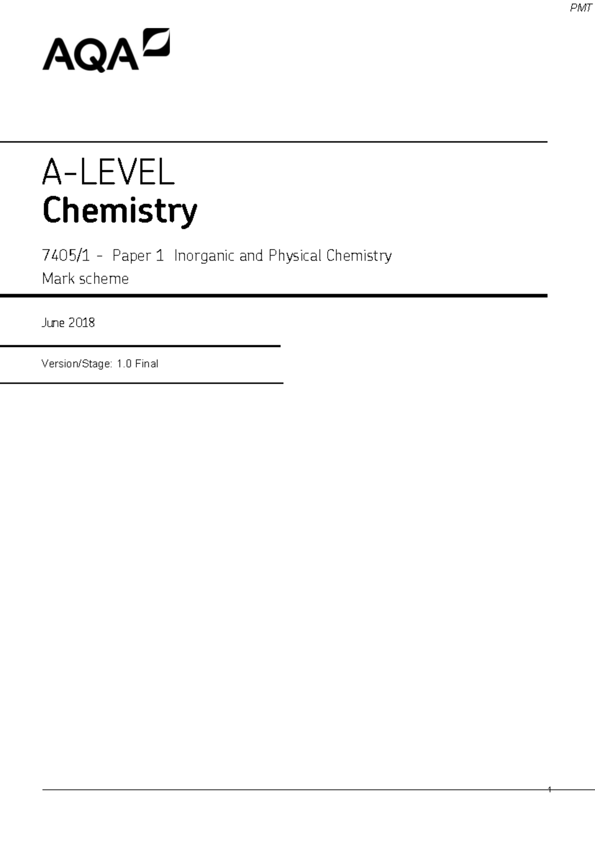 PMT Chemistry Paper 1 Mark Scheme - Inorganic & Physical Chemistry June ...