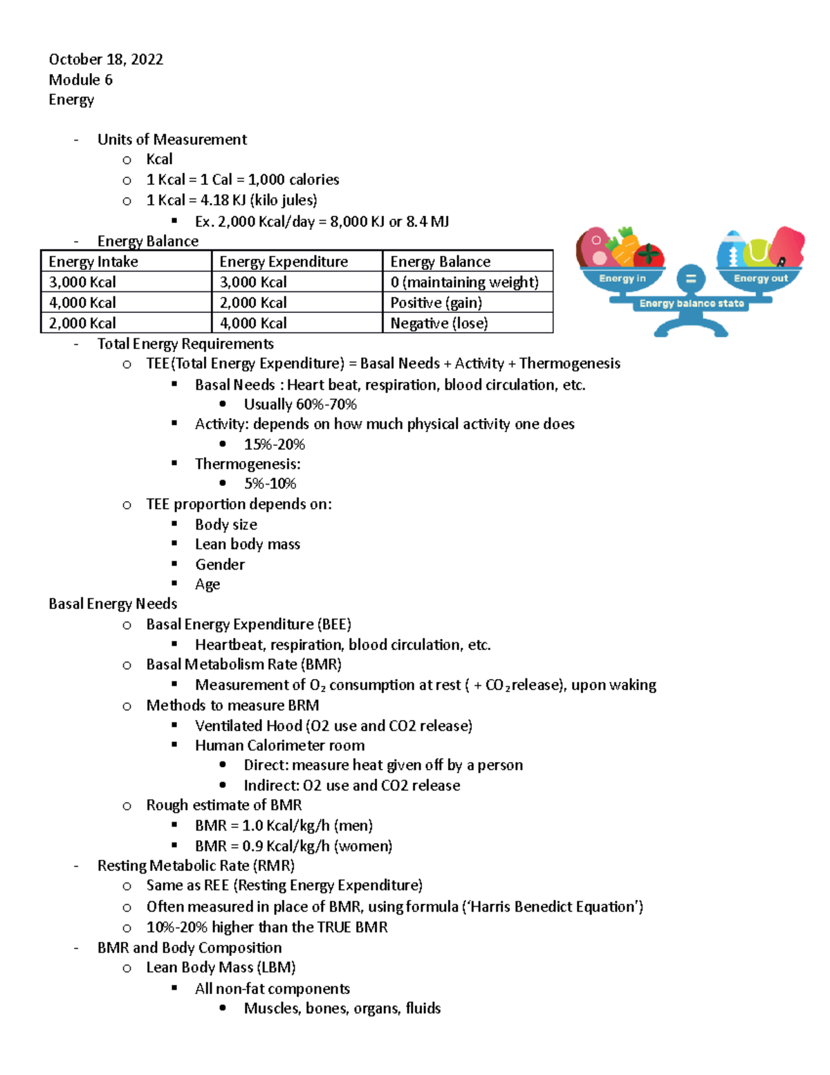 Mod 6 - Nutrition 120.3 Notes - October 18, 2022 Module 6 Energy Units ...