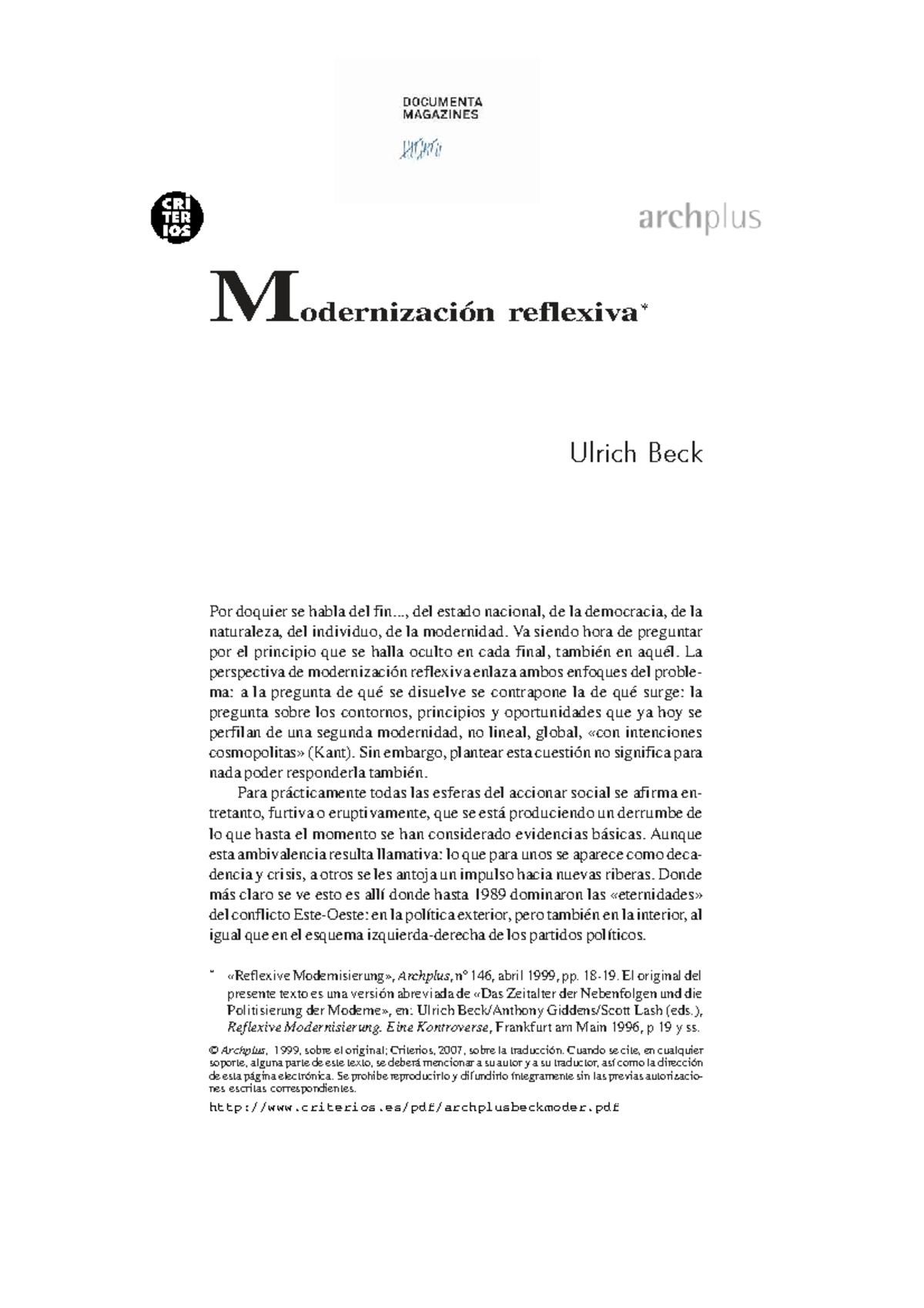 Modernización Reflexiva según Ulrich Beck: Un Análisis Crítico - Studocu