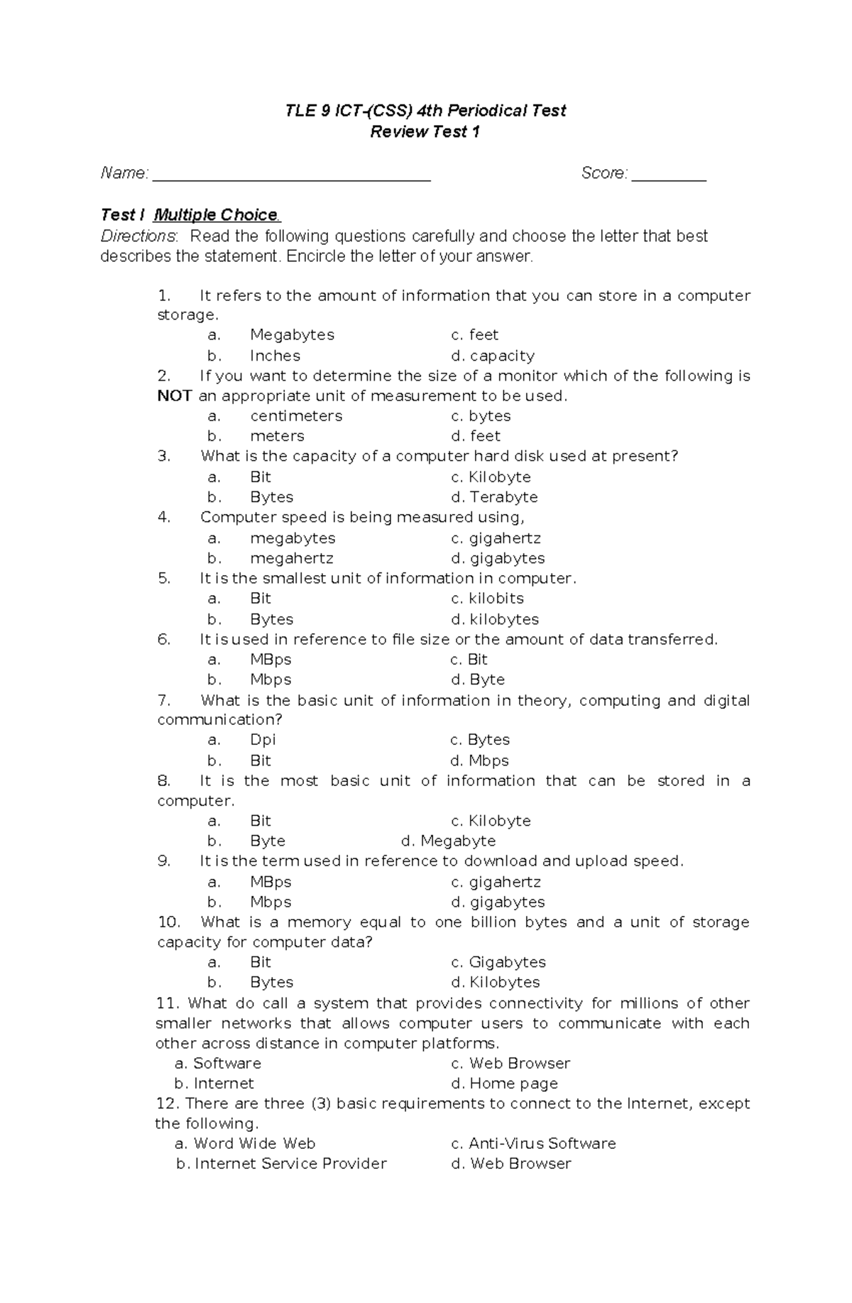 TLE 9 4th Periodical Test Review - ICT Test 1 Notes - Studocu