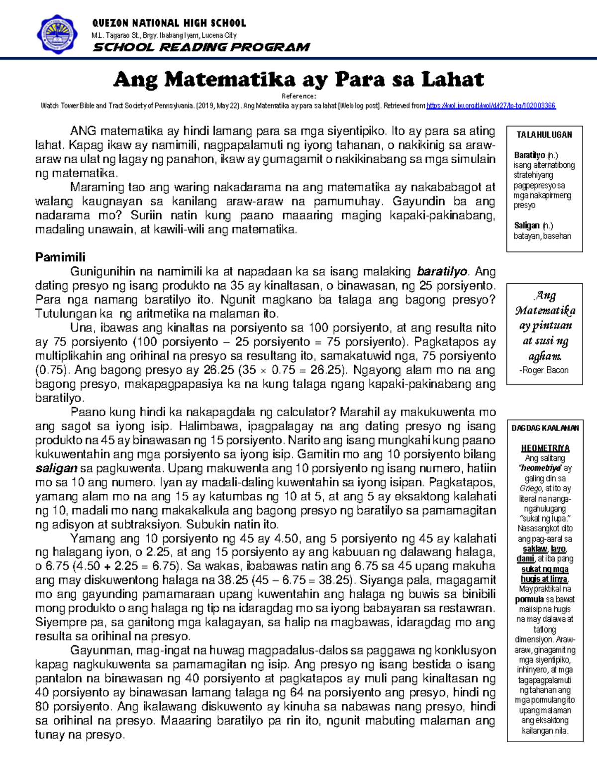 M.L. 2: Ang Matematika ay Para sa Lahat - School Reading Program - Studocu