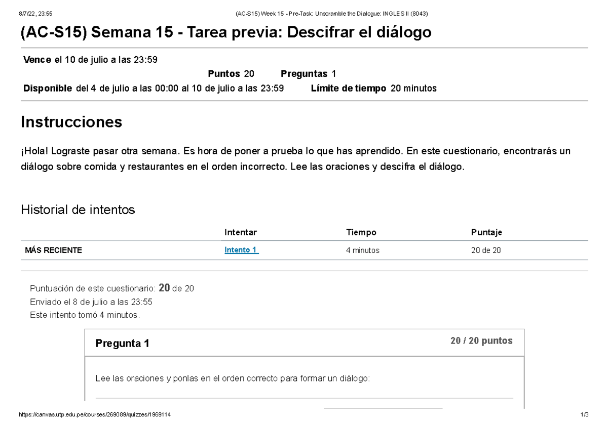 (AC-S15) Week 15 - Pre-Task: Unscramble the Dialogue Ingles II (8043 ...