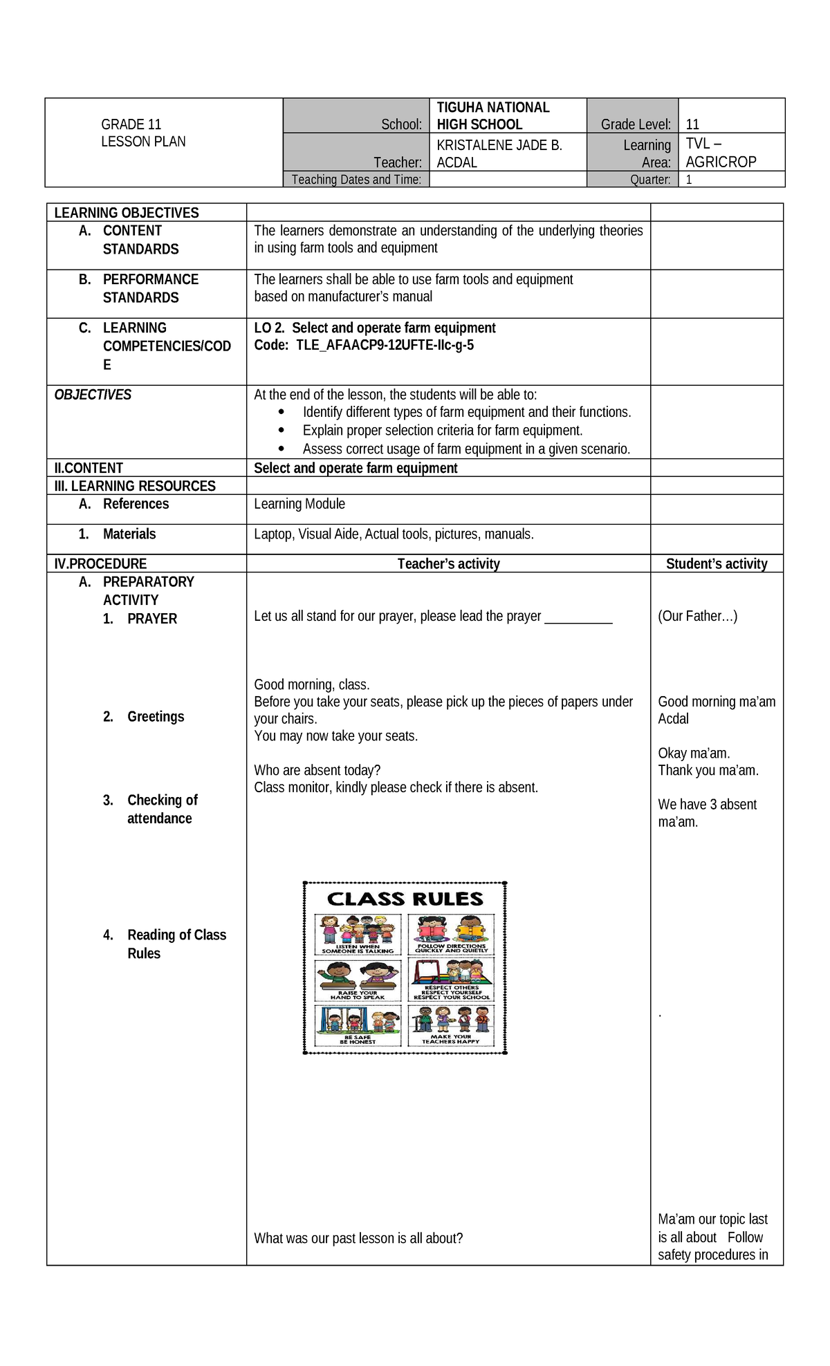 Grade 11 LP: Selecting & Operating Farm Equipment - ACDAL - Studocu