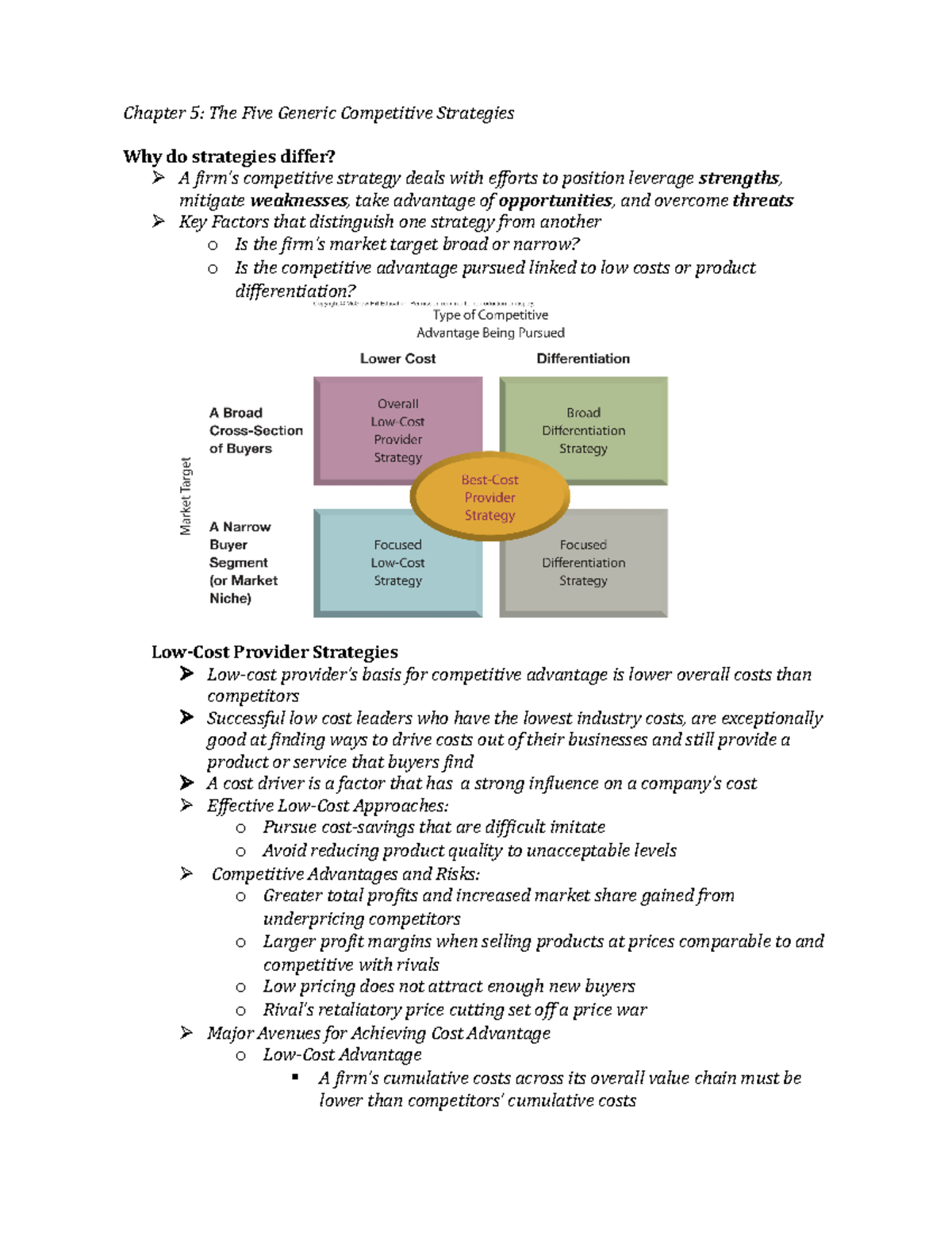 Chapter 5 Summary: Five Generic Competitive Strategies Overview - Studocu