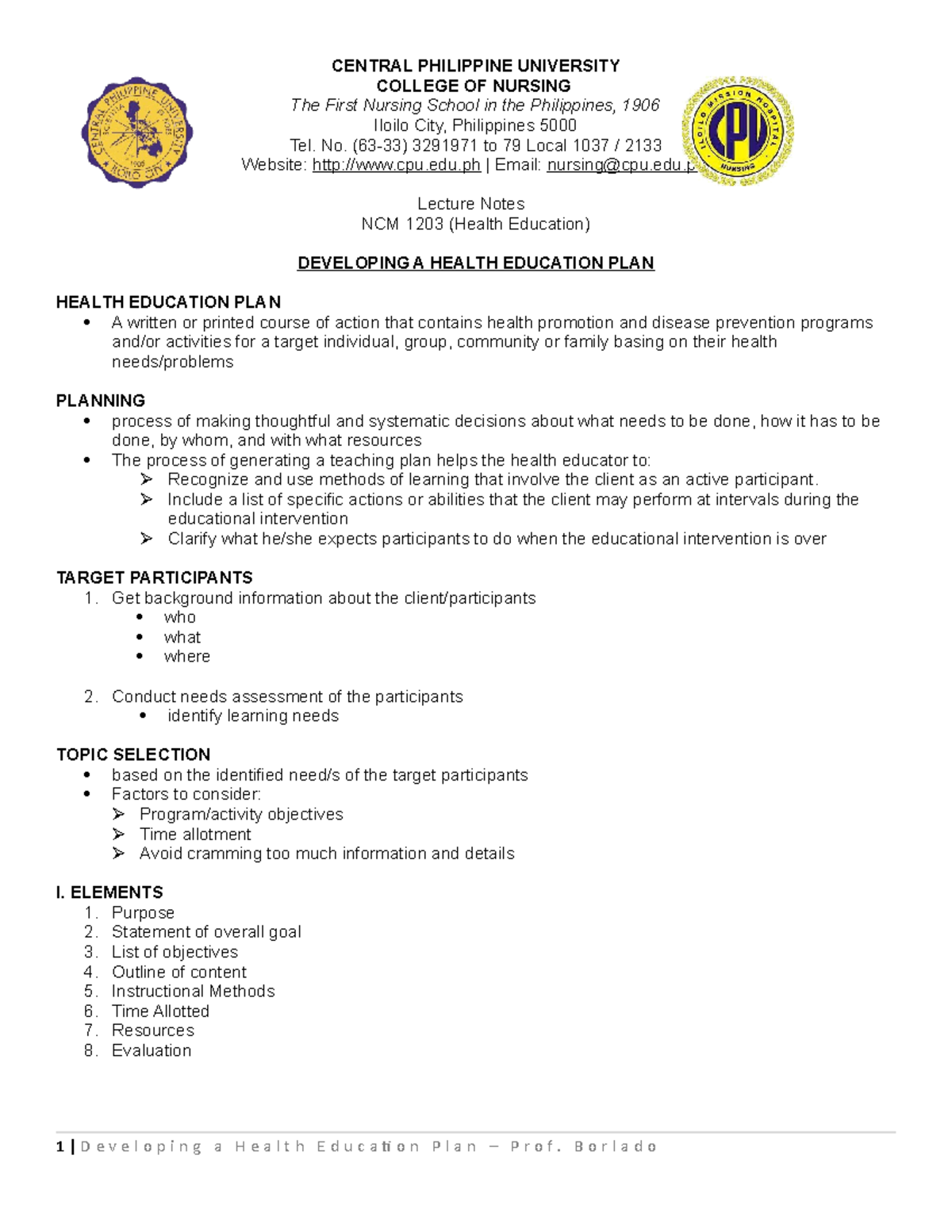 NCM 1203 Lecture Notes: Developing a Health Education Plan - Studocu