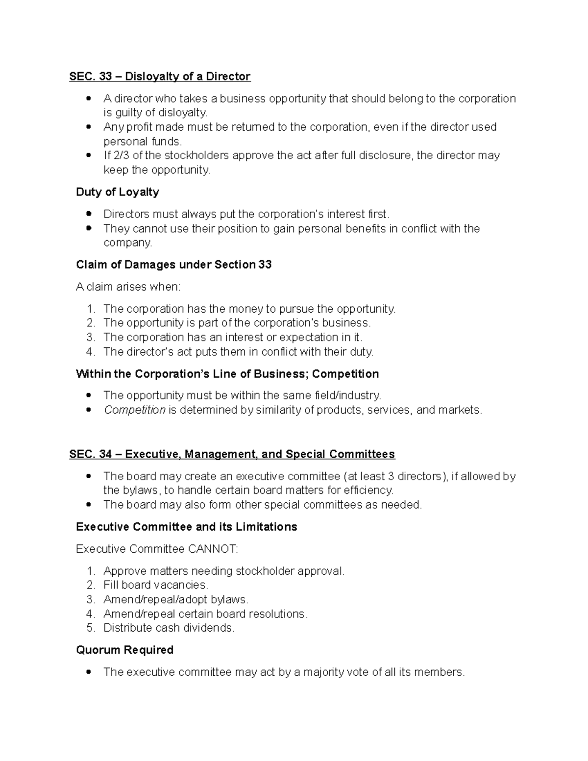 SEC. 33-34 - Summary of Disloyalty and Committees in Corp Code - Studocu