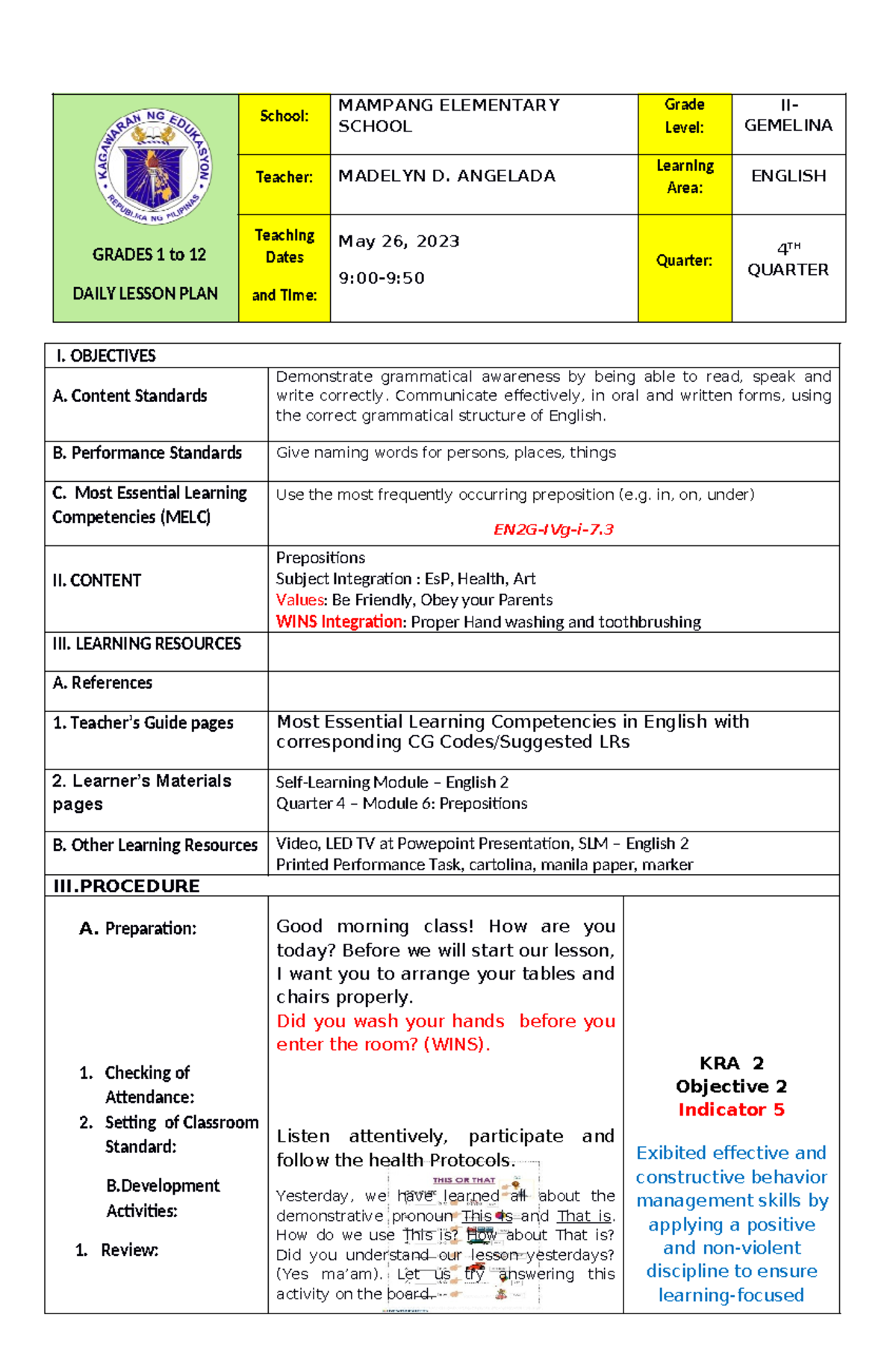 Daily Lesson Plan for Grade II: Teaching Prepositions (May 2023) - Studocu