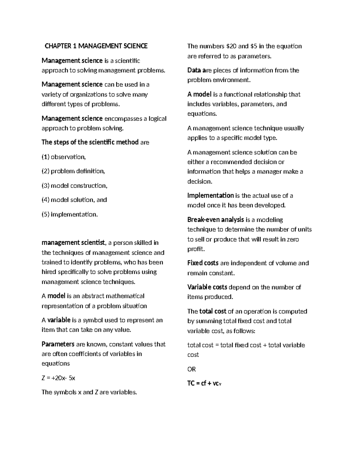 CHAPTER 1: MANAGEMENT SCIENCE - MS Review 1st Sem - Studocu